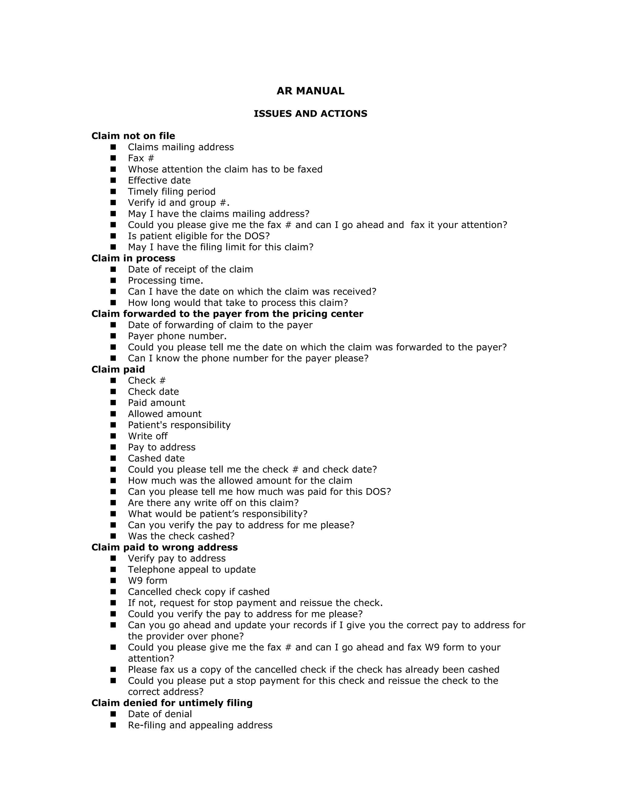 Medical Billing AR Manual | DOC