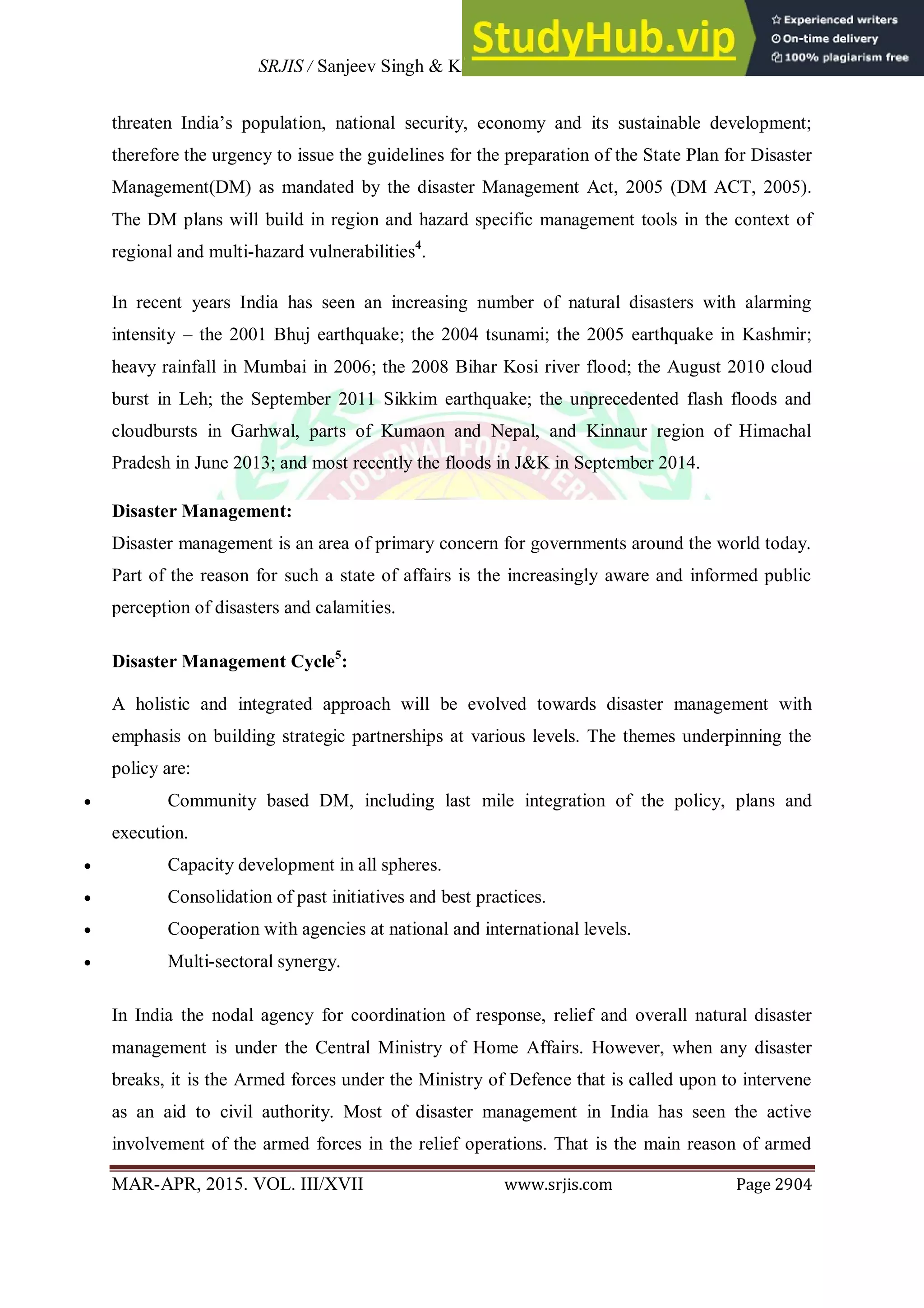 ARMED FORCES IN DISASTER MANAGEMENT CHALLENGES IN INDIAN PERSPECTIVE | PDF
