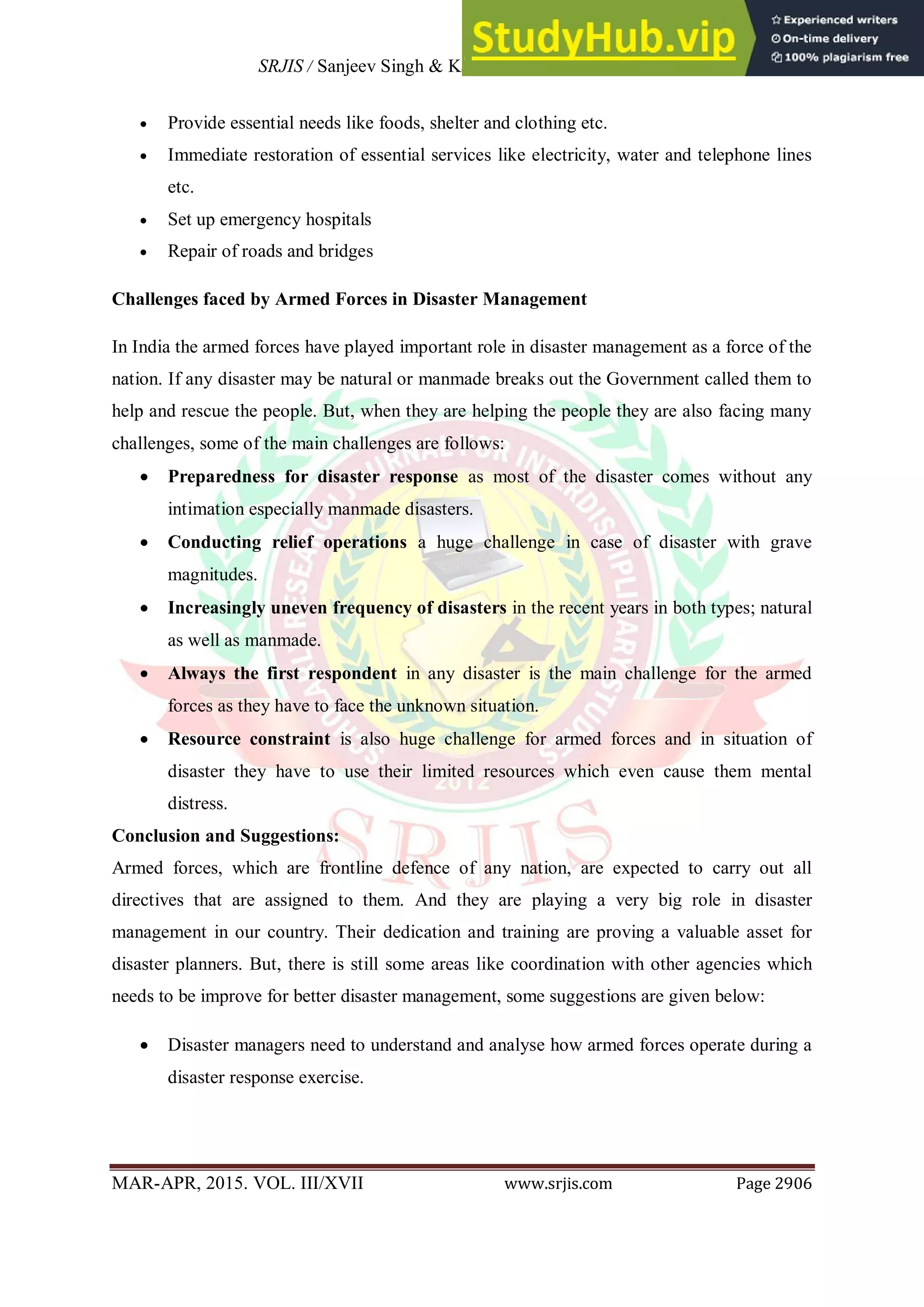 ARMED FORCES IN DISASTER MANAGEMENT CHALLENGES IN INDIAN PERSPECTIVE | PDF