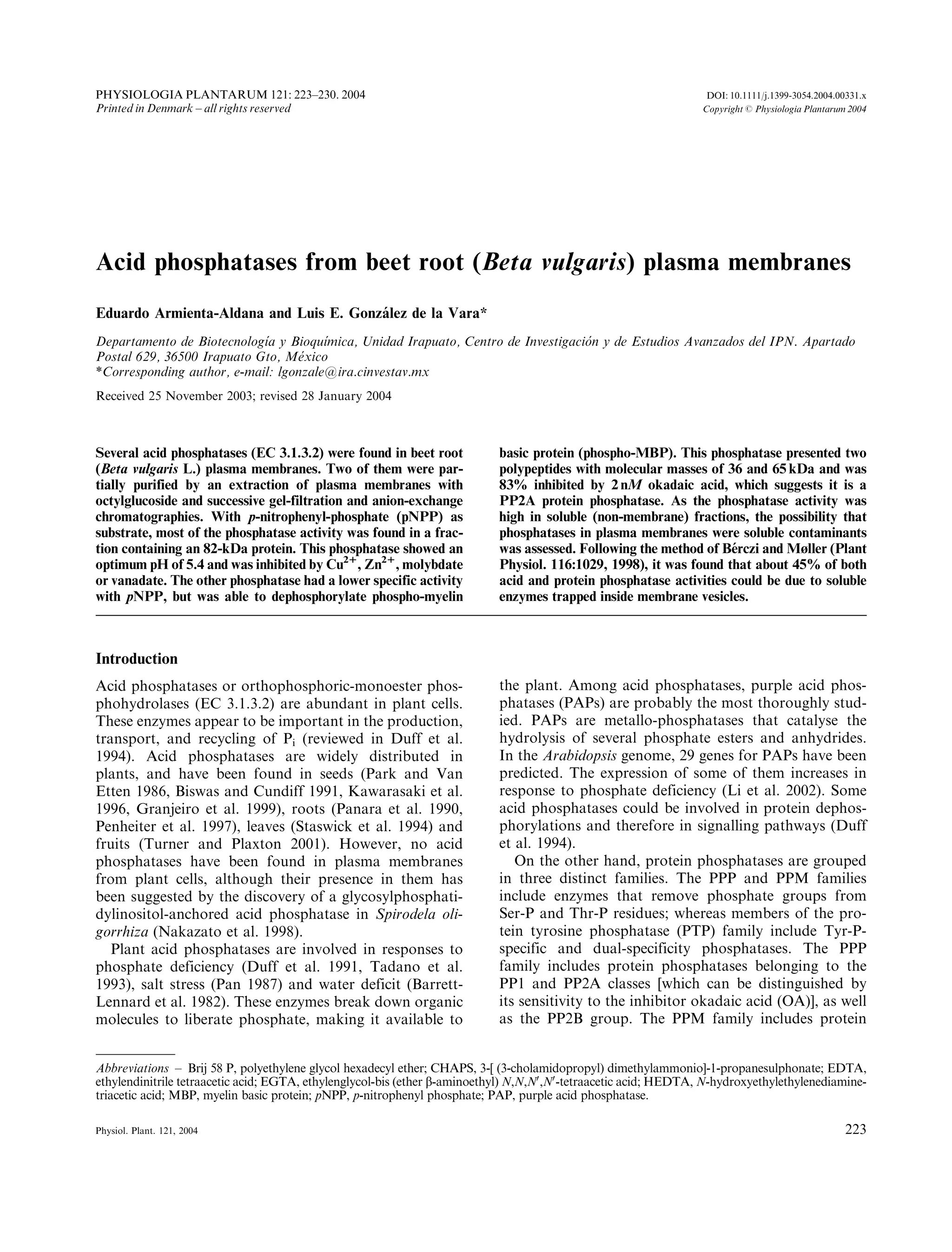 Acid phosphatases from beet root (Beta vulgaris) plasma membranes | PDF