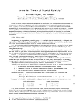 Armenian Theory of Special Relativity - One Dimensional Movement | PDF