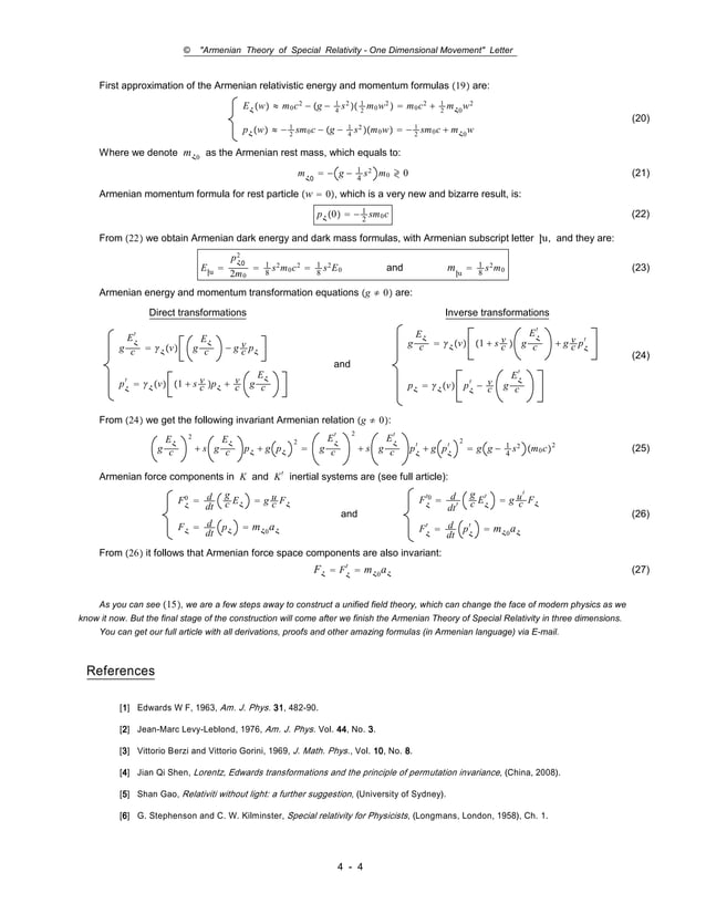 Armenian Theory of Special Relativity - One Dimensional Movement | PDF