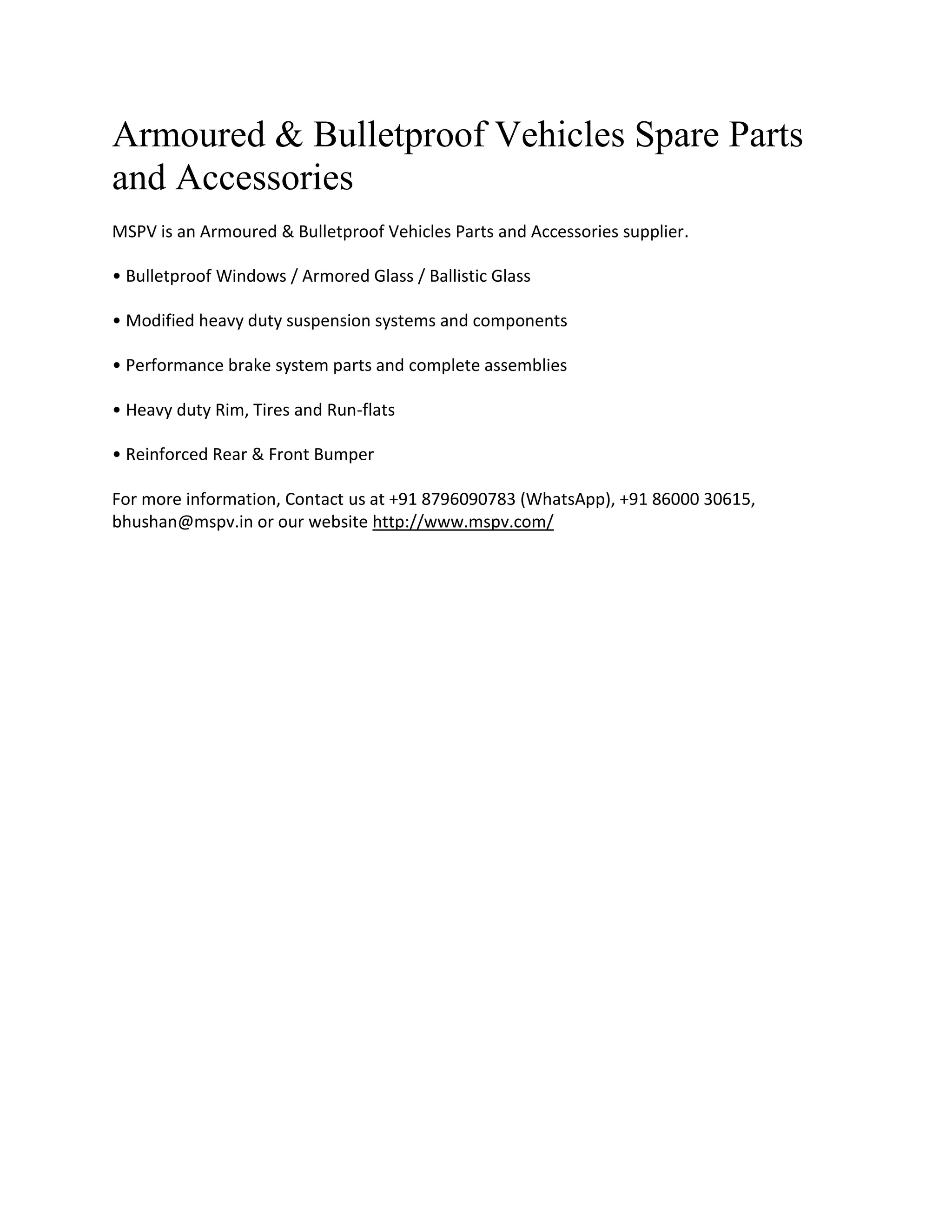 Armoured & Bulletproof Vehicles Spare Parts and Accessories | PDF
