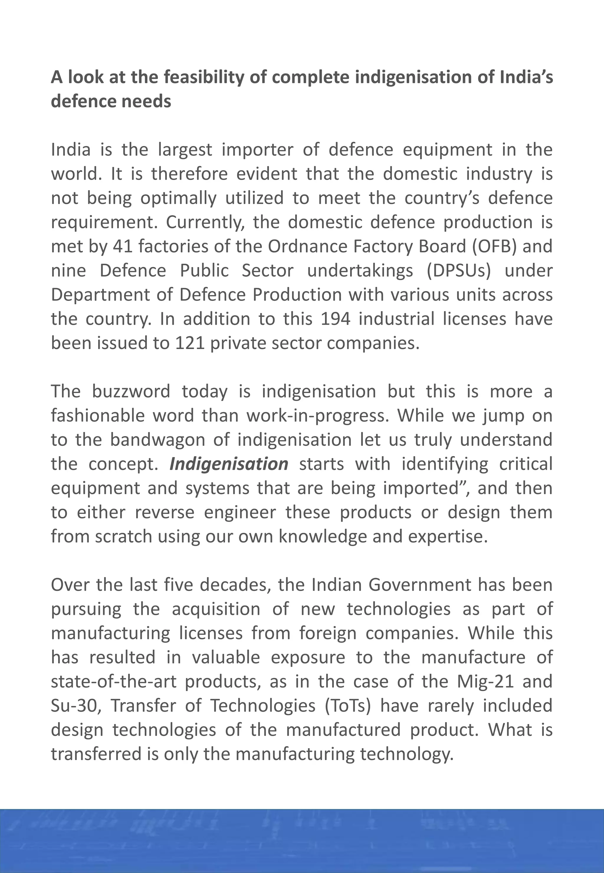 Armouring india indigenisation of india’s defence needs | PDF