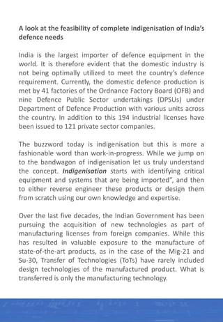 Armouring india indigenisation of india’s defence needs | PDF