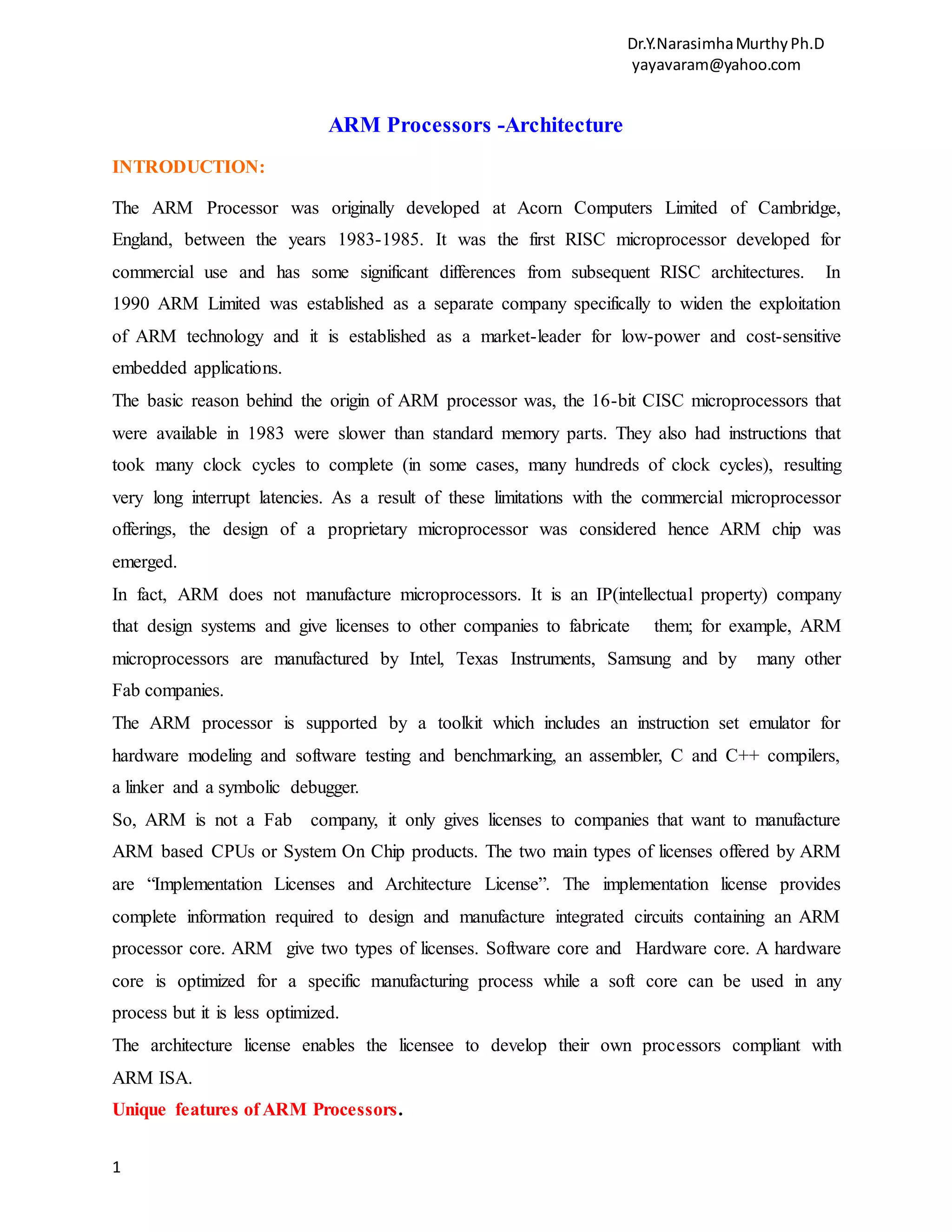 Arm processors' architecture | DOCX | Computing | Technology & Computing