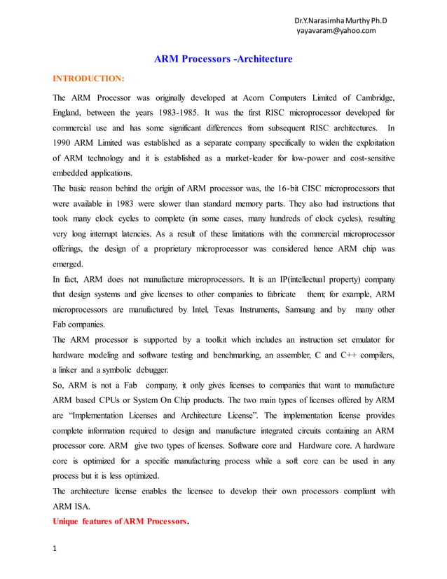 Arm processors' architecture | DOCX | Computing | Technology & Computing