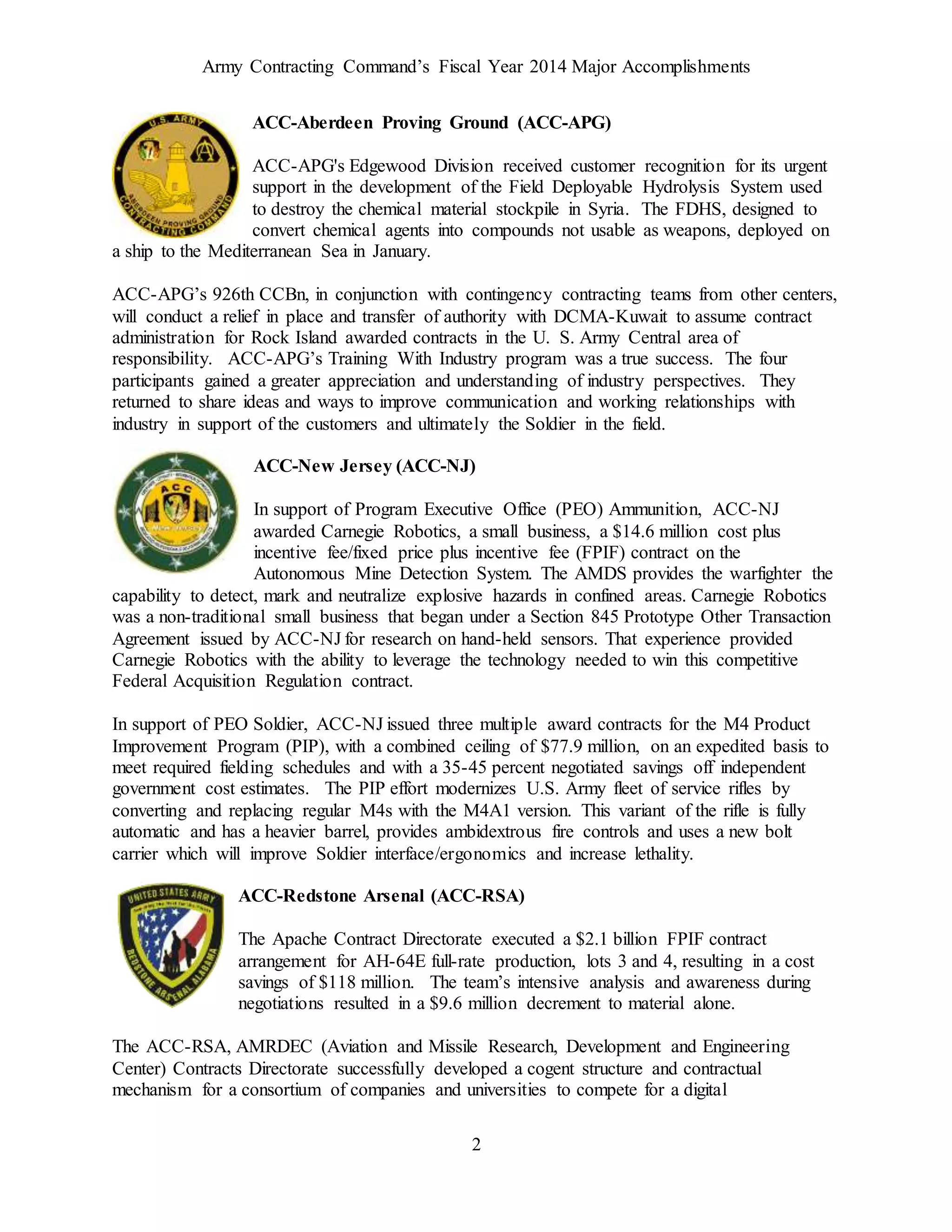 Army Contracting Command’s FY14 Major Accomplishments | DOCX