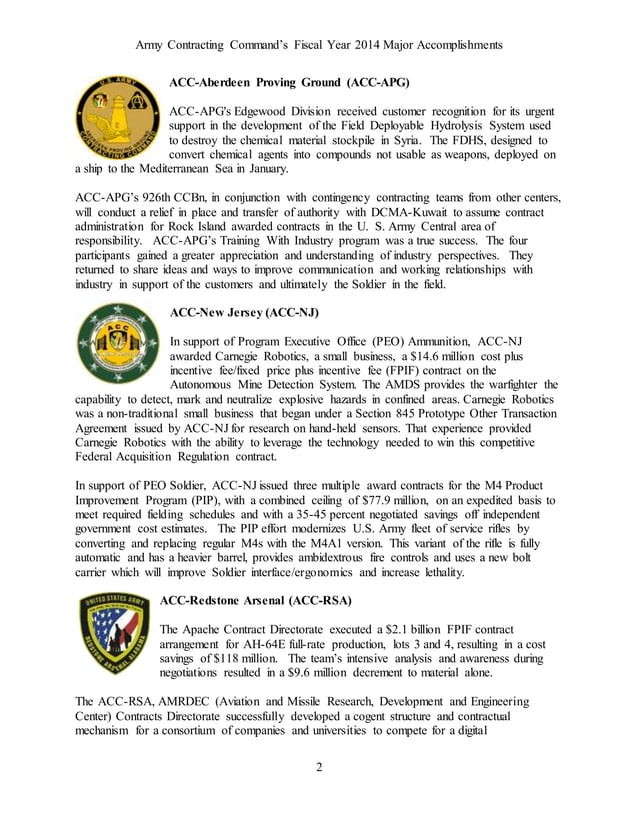Army Contracting Command’s FY14 Major Accomplishments | DOCX