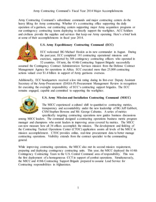 Army Contracting Command’s FY14 Major Accomplishments | PDF