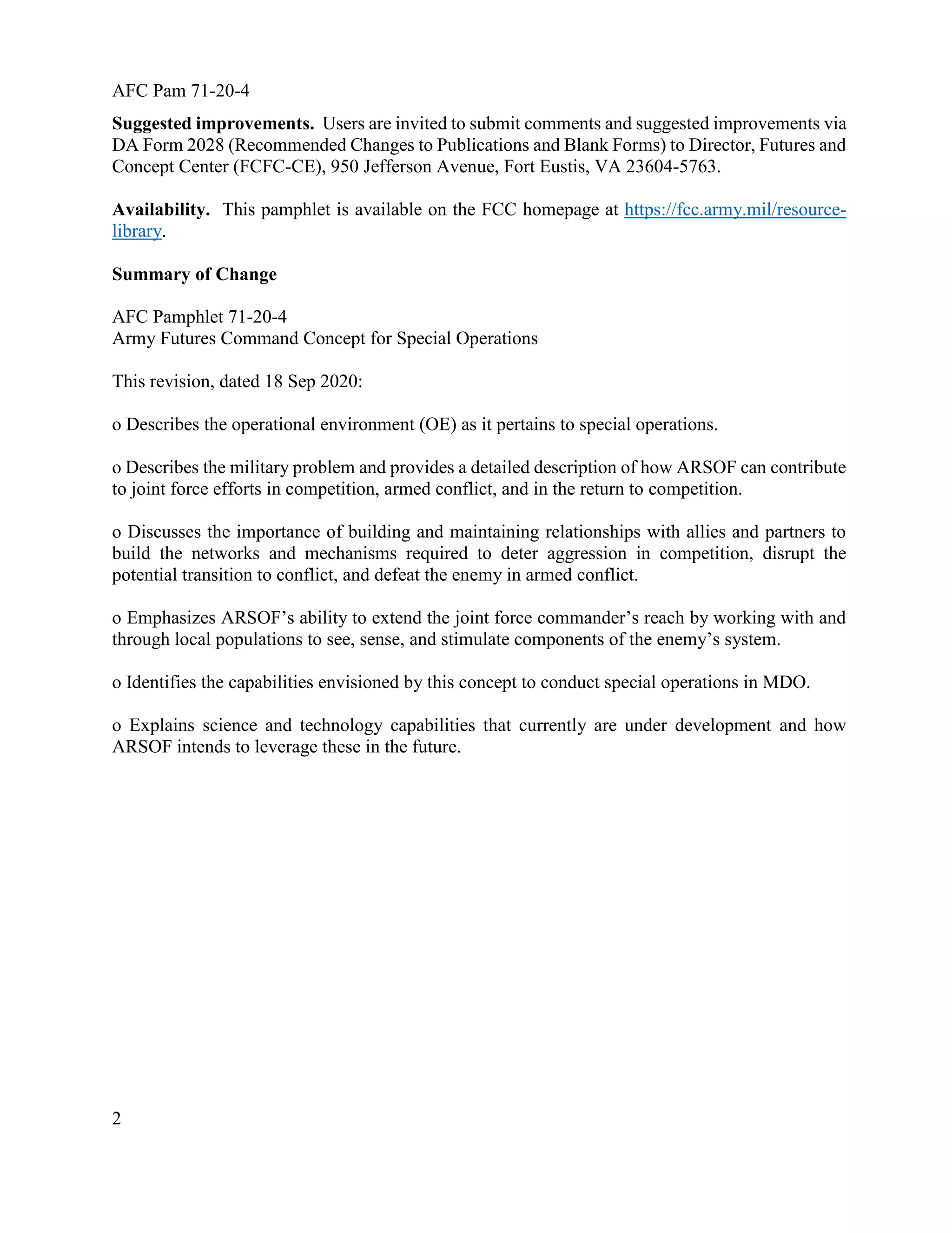 Army Futures Command Concept for Special Operations 2028 | PDF