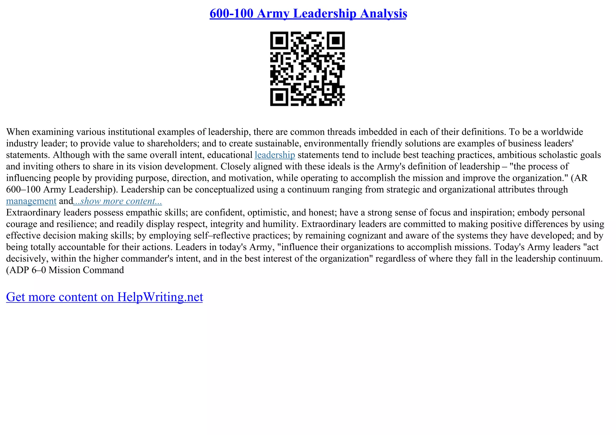 Army Leadership Levels | PDF