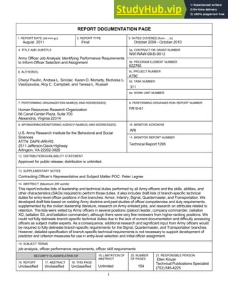Army Officer Job Analysis Identifying Performance Requirements To ...