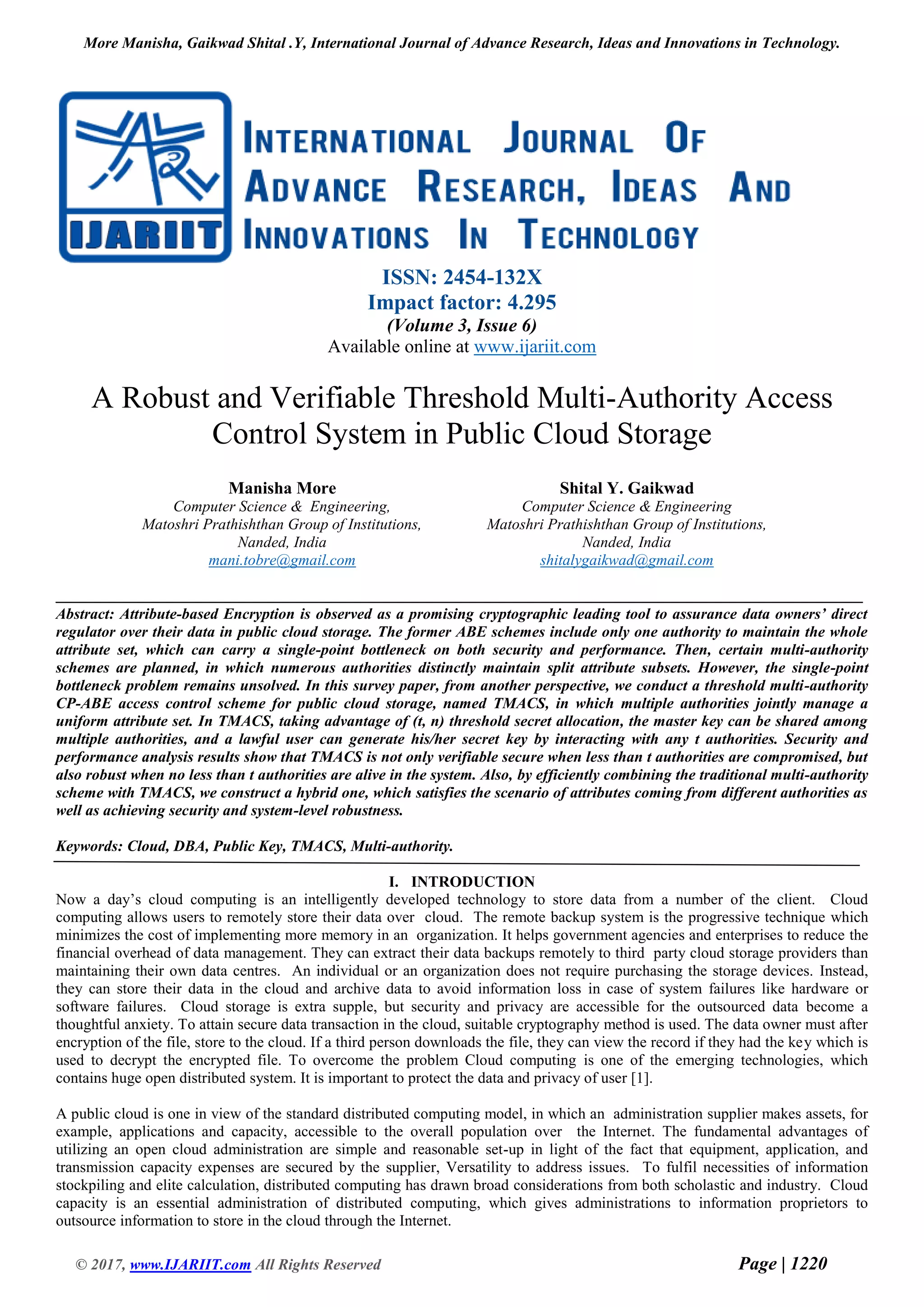 A robust and verifiable threshold multi authority access control system in public cloud storage ...