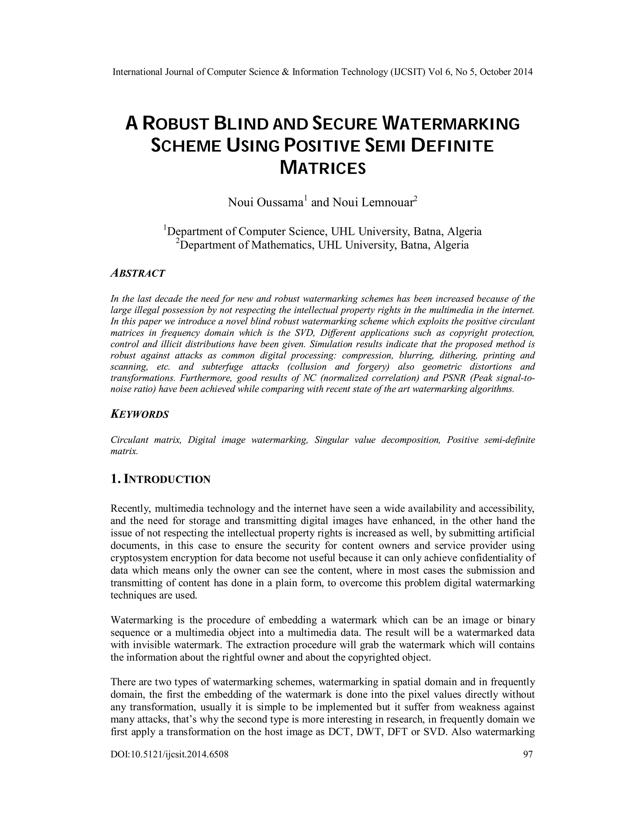 Robust Blind Watermarking Using Positive Semi Definite Matrices | PDF