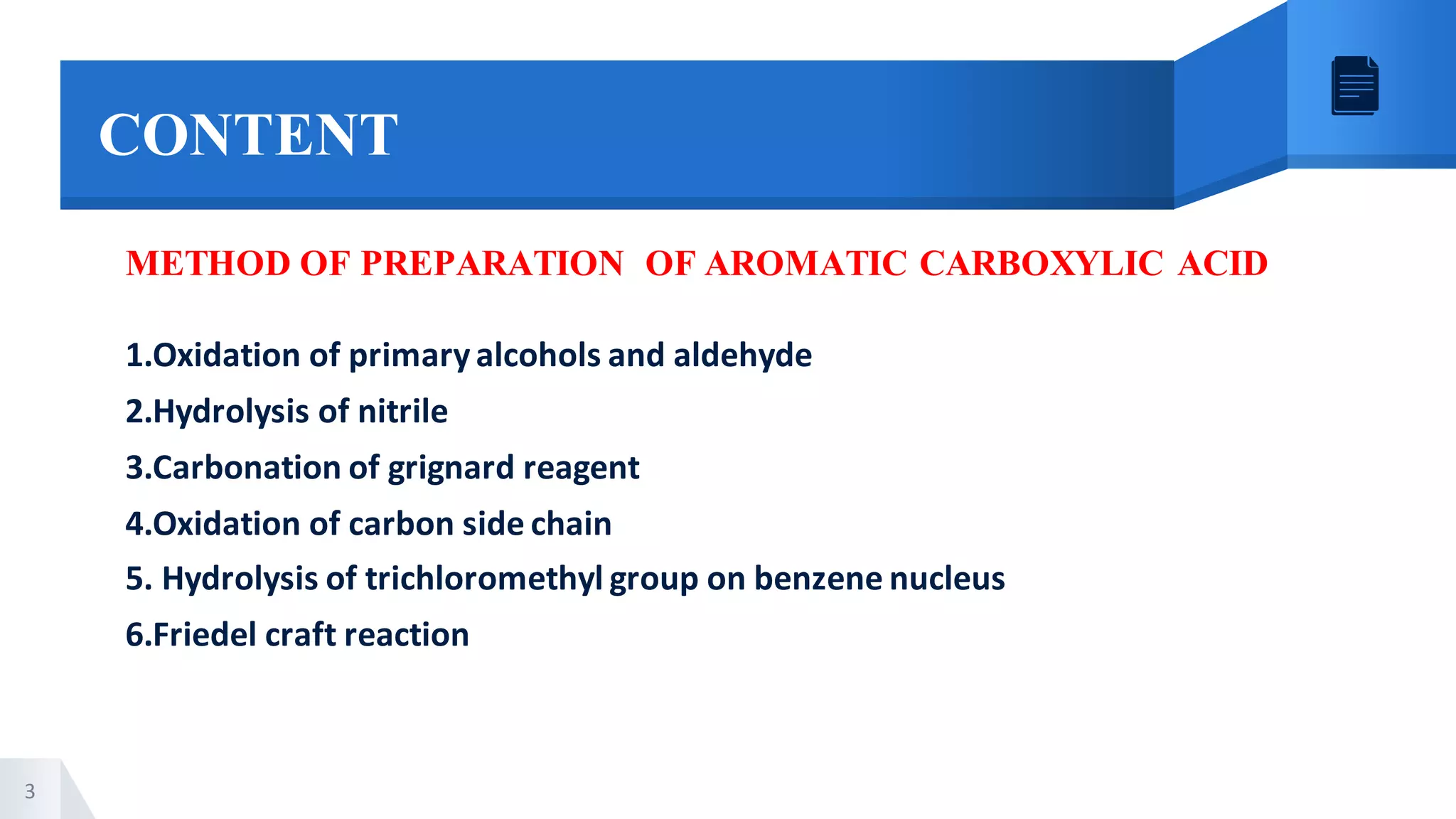 Aromatic carboxylic acid preparation and reaction | PDF