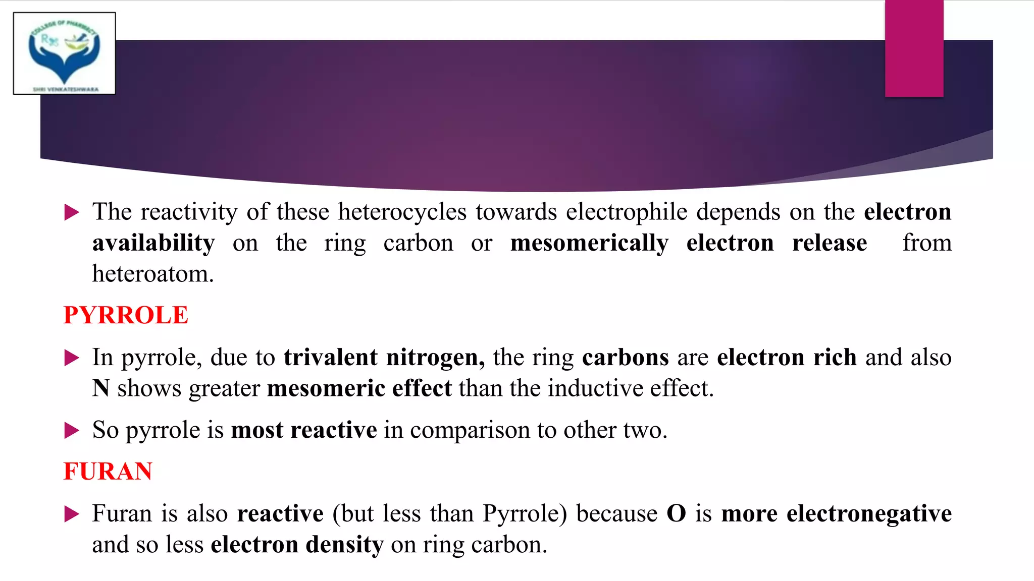 Relative Aromaticity & Reactivity of Pyrrole, Furan & Thiophene | PDF