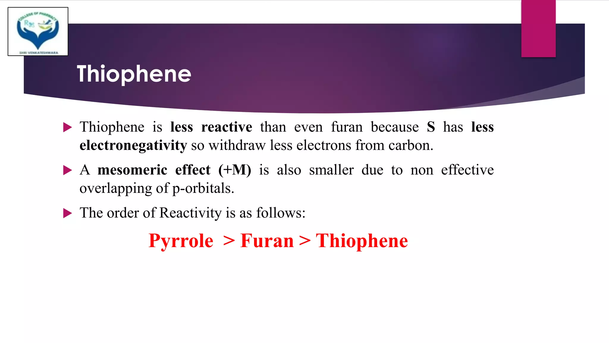 Relative Aromaticity & Reactivity of Pyrrole, Furan & Thiophene | PDF