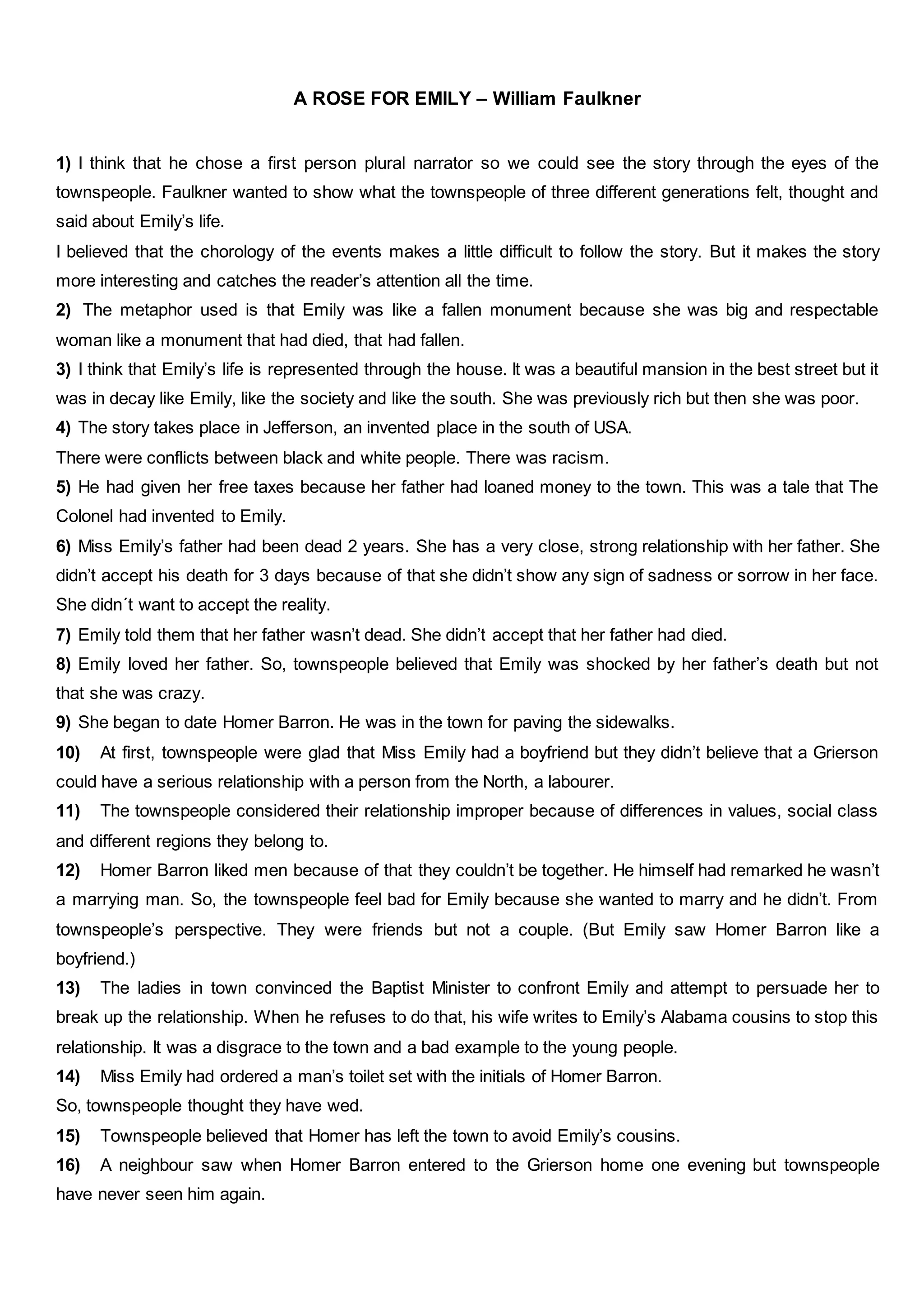 A rose for Emily - William Faulkner (Questions with answers) | DOCX