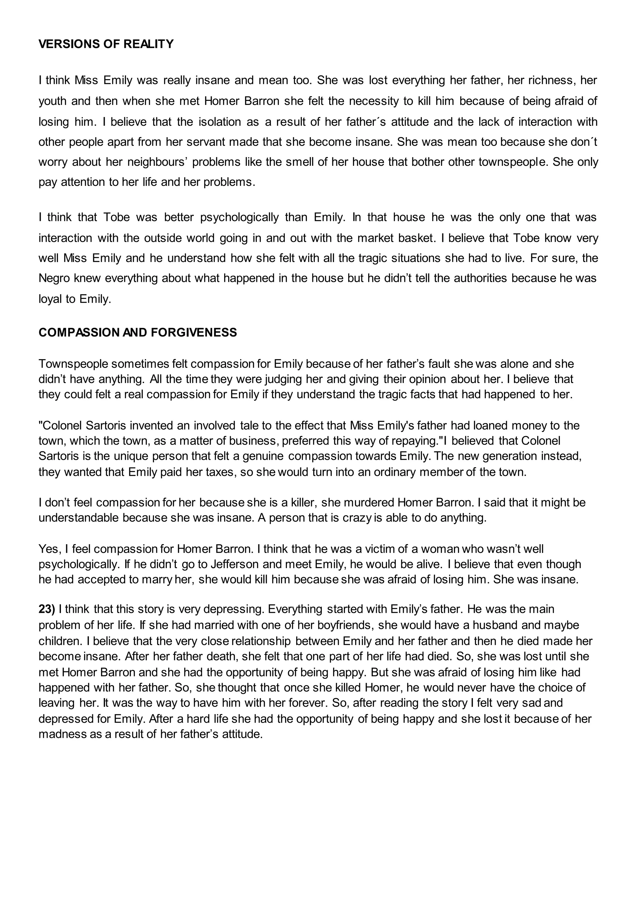 A rose for Emily - William Faulkner (Questions with answers) | DOCX