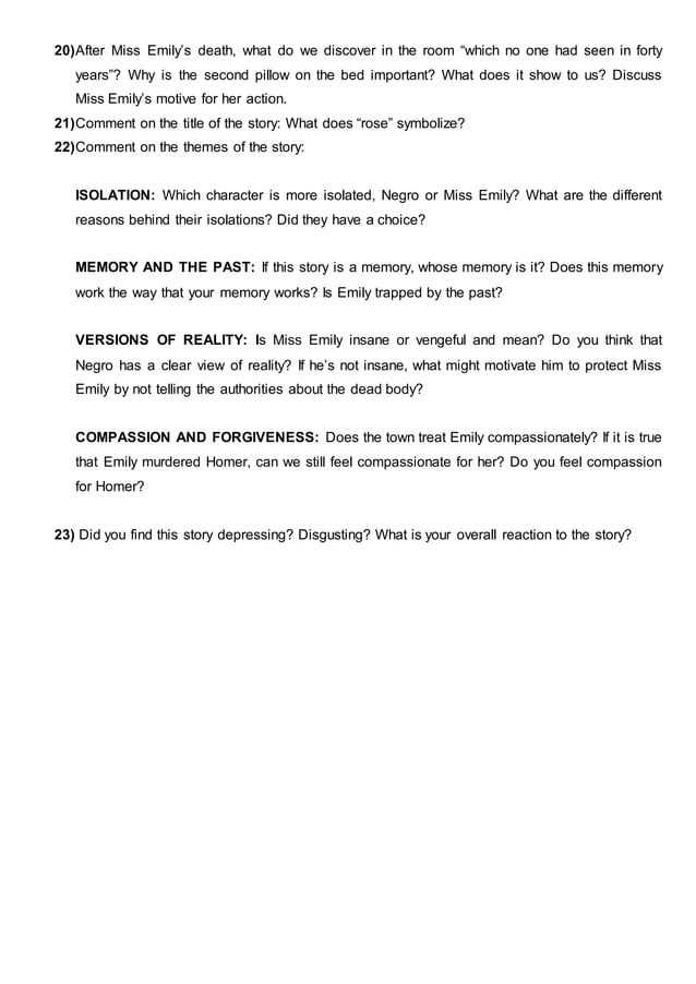 A rose for Emily - William Faulkner (Questions with answers) | DOCX