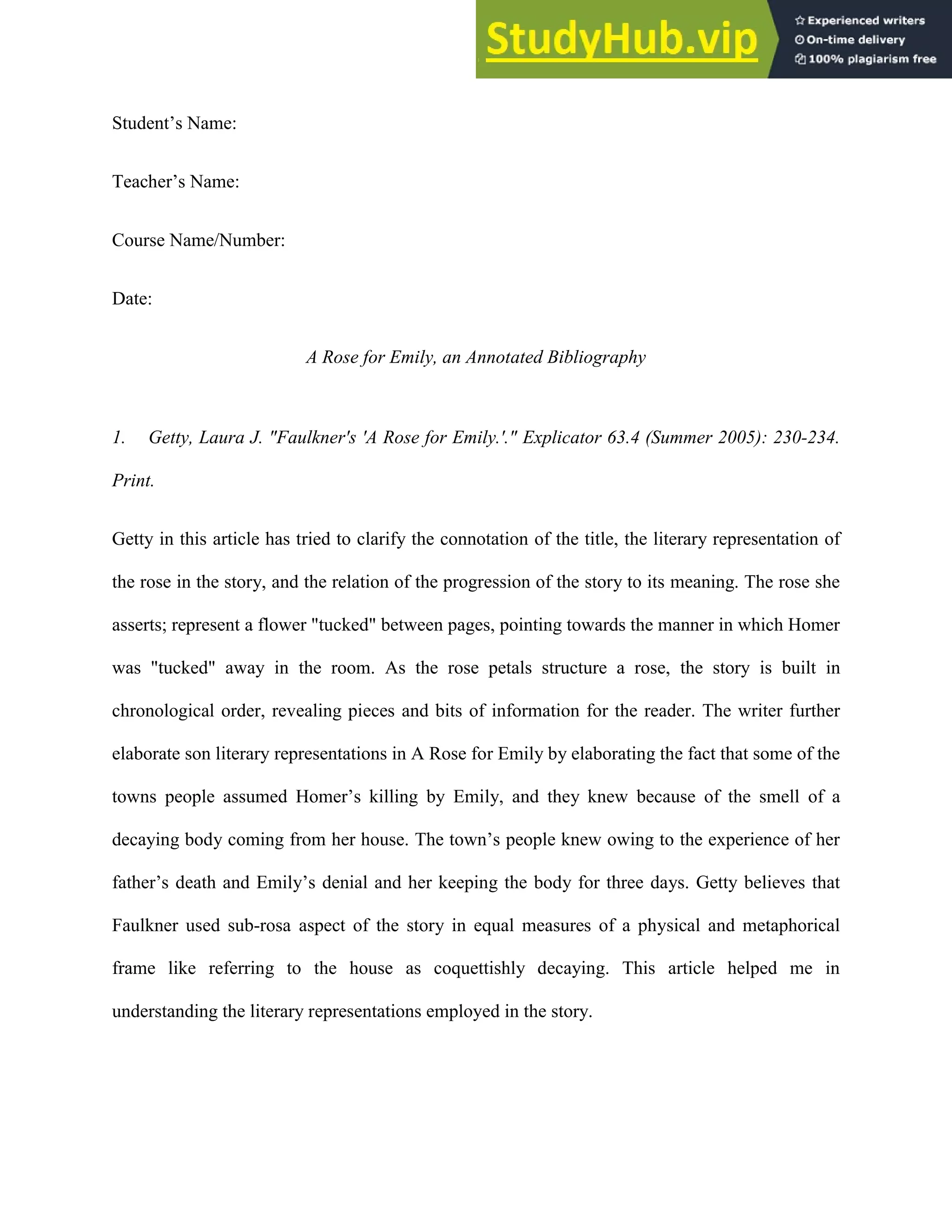 A Rose For Emily Annotated Bibliography | PDF