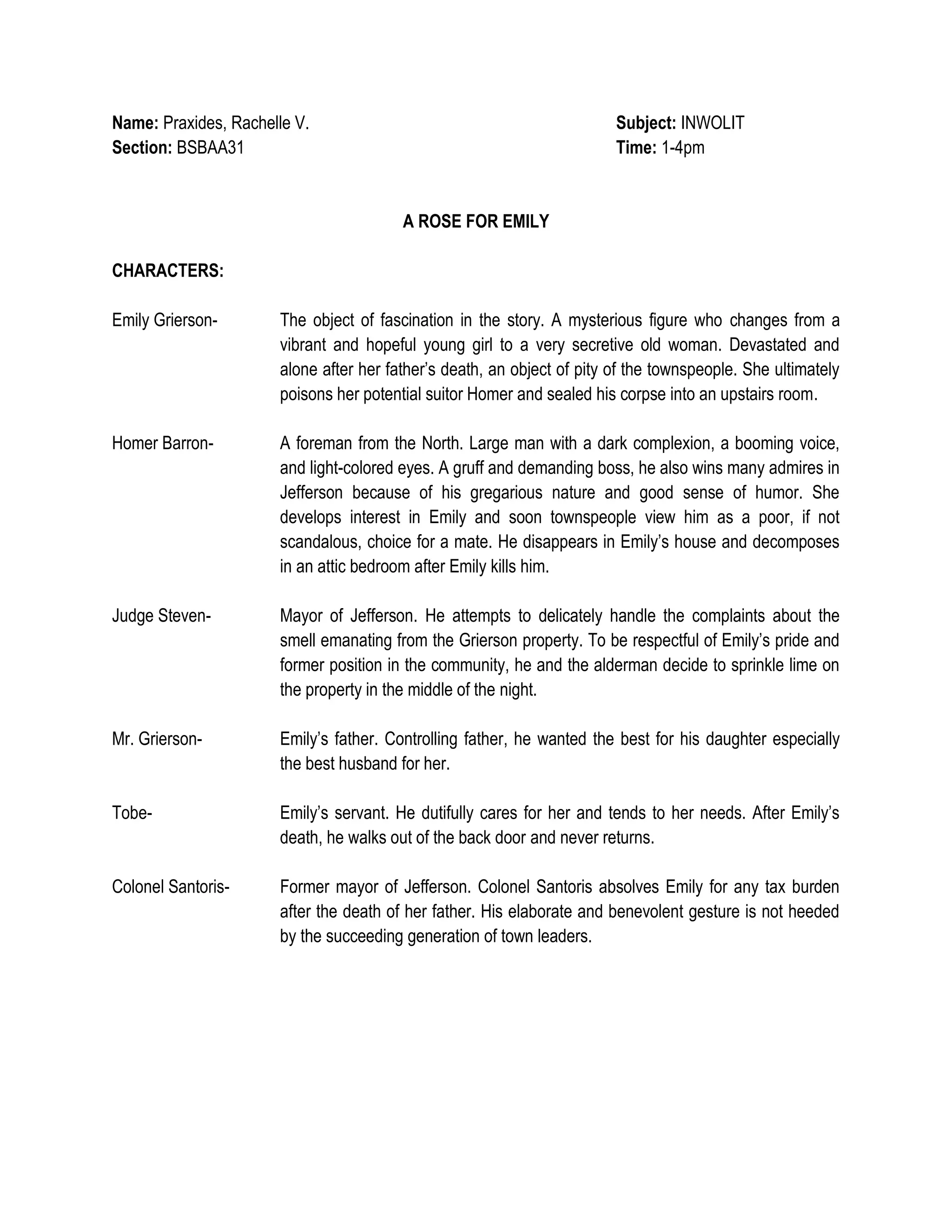 A Rose for Emily - Summary (English Literature) | DOCX