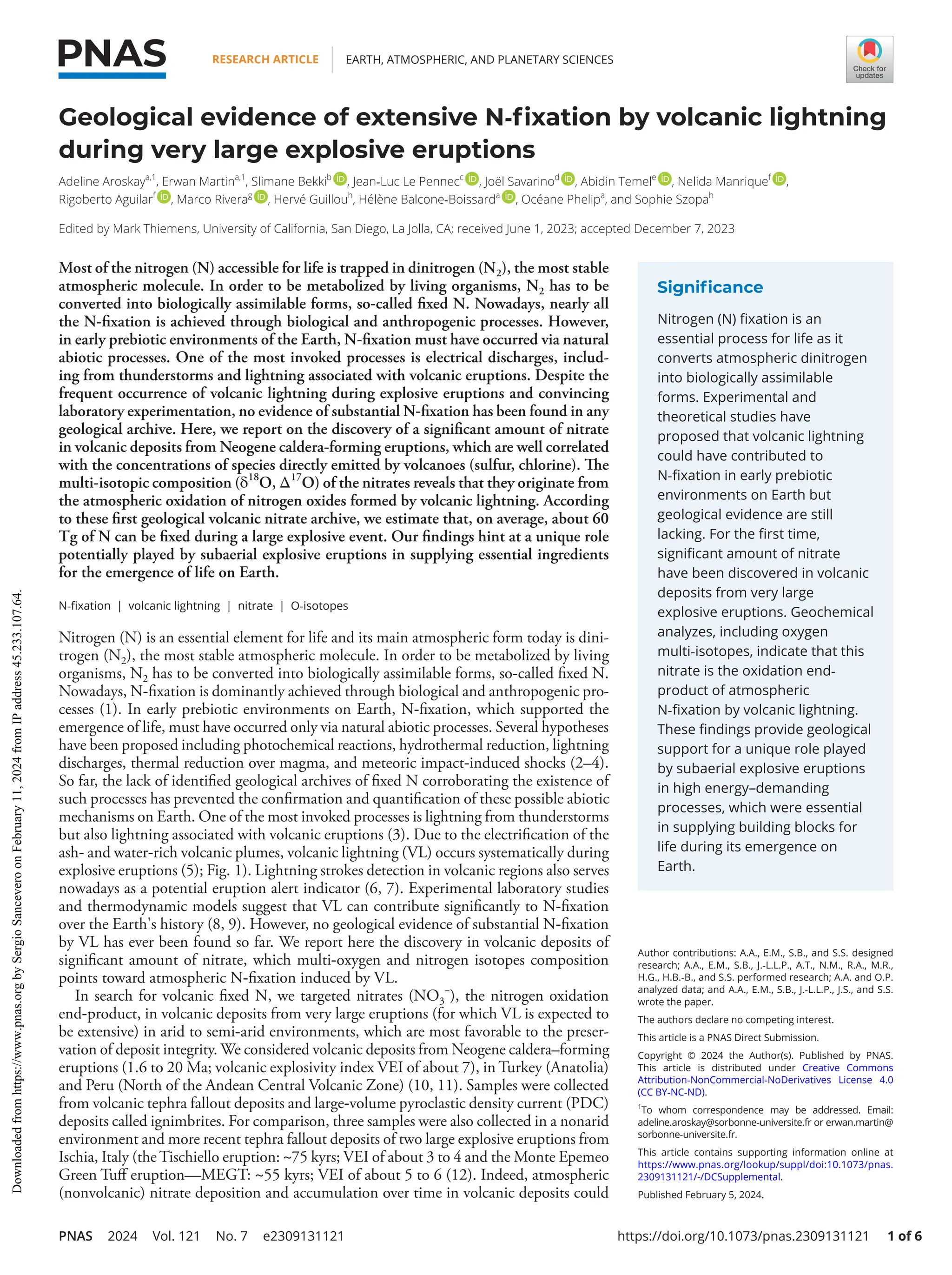 Geological evidence of extensive N-fixation by volcanic lightning ...