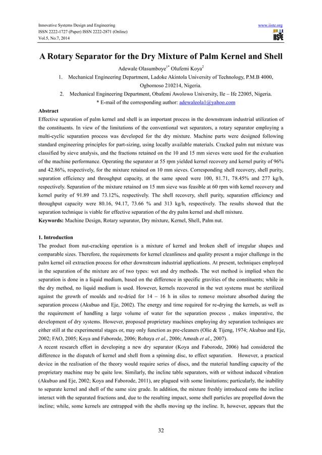 A rotary separator for the dry mixture of palm kernel and shell | PDF | Physics | Science
