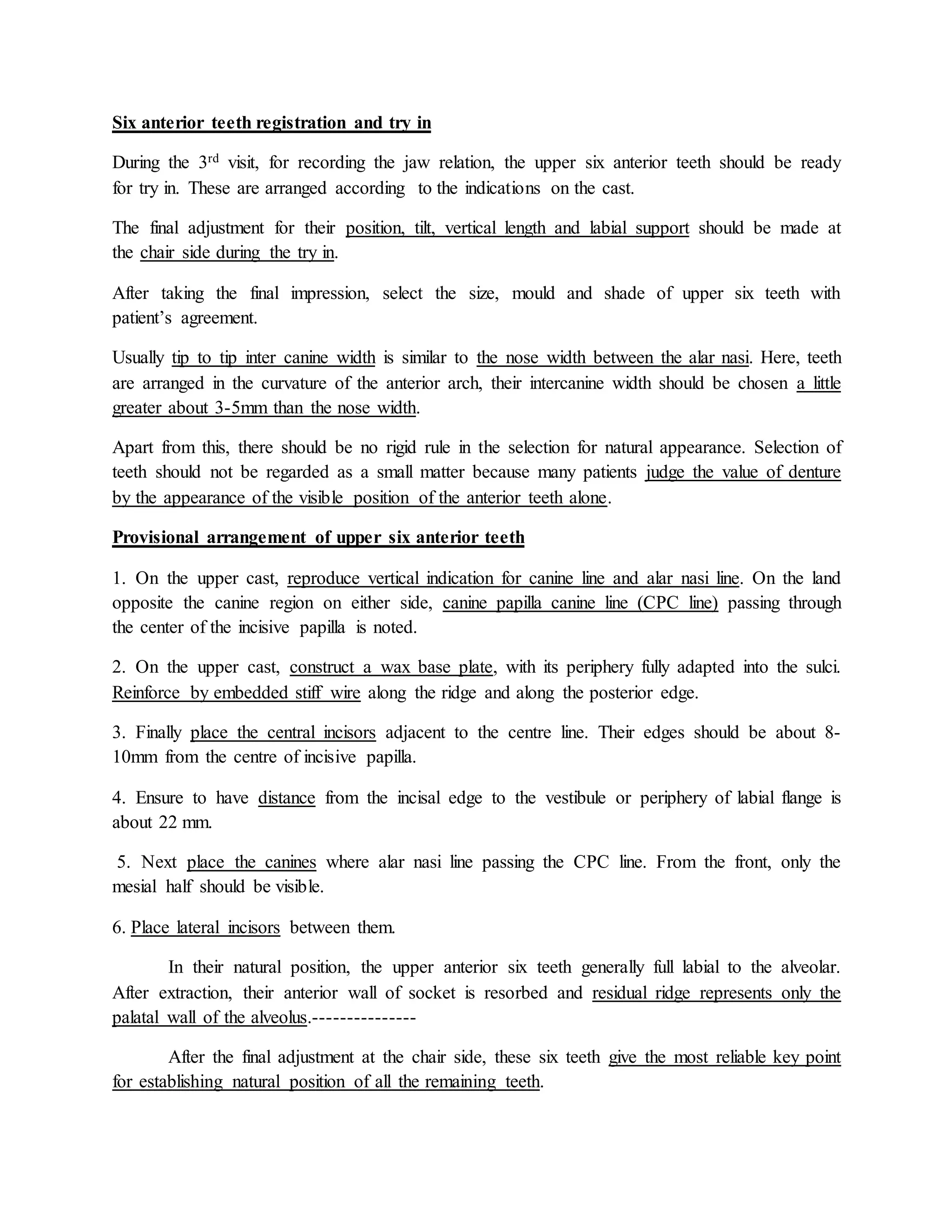 Arrangement & Try-in of Upper Six Anterior Teeth | DOCX