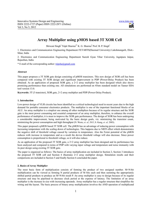 Array multiplier using p mos based 3t xor cell | PDF