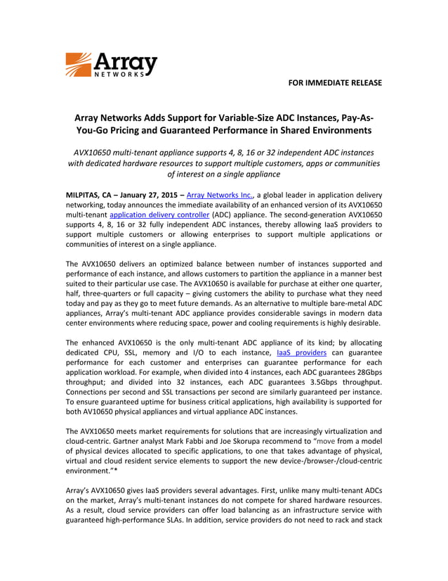 ARRAY NETWORKS ADDS SUPPORT FOR VARIABLE-SIZE ADC INSTANCES, PAY-AS-YOU-GO PRICING AND ...