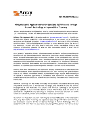 Array Networks’ Application Delivery Solutions Now Available Through Promark Technology, an ...