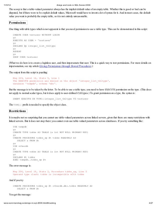 Arrays and lists in sql server 2008
