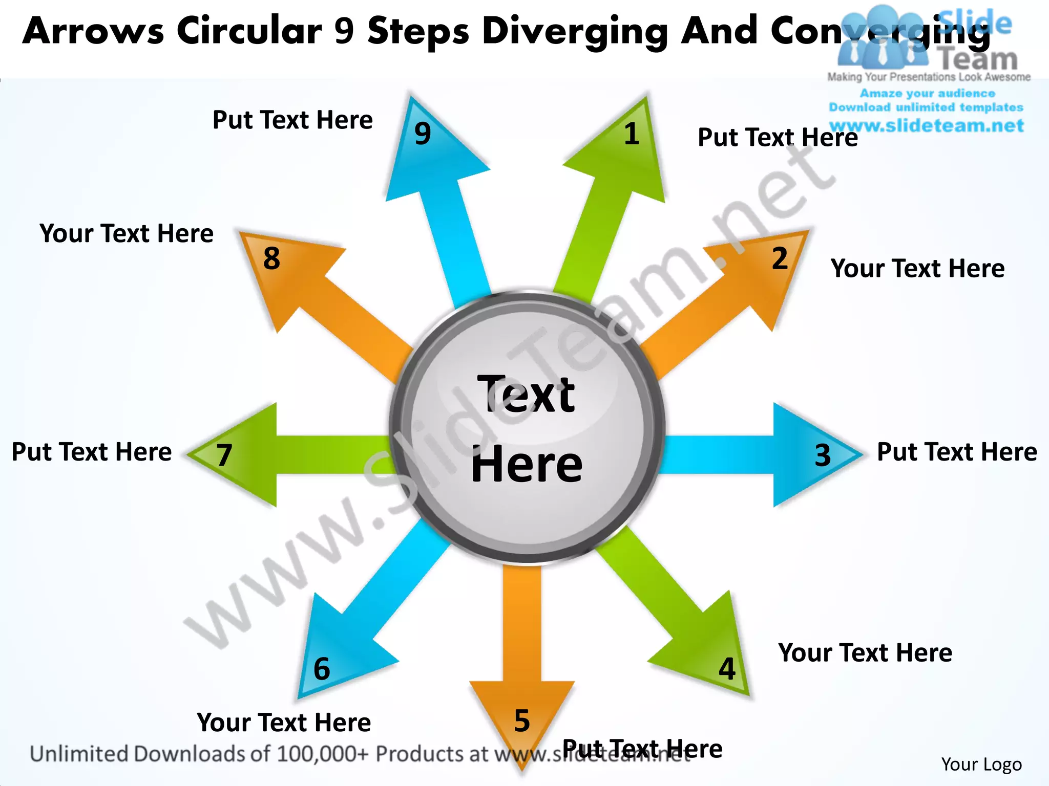 Arrows circular 9 steps diverging and converging processs power point ...