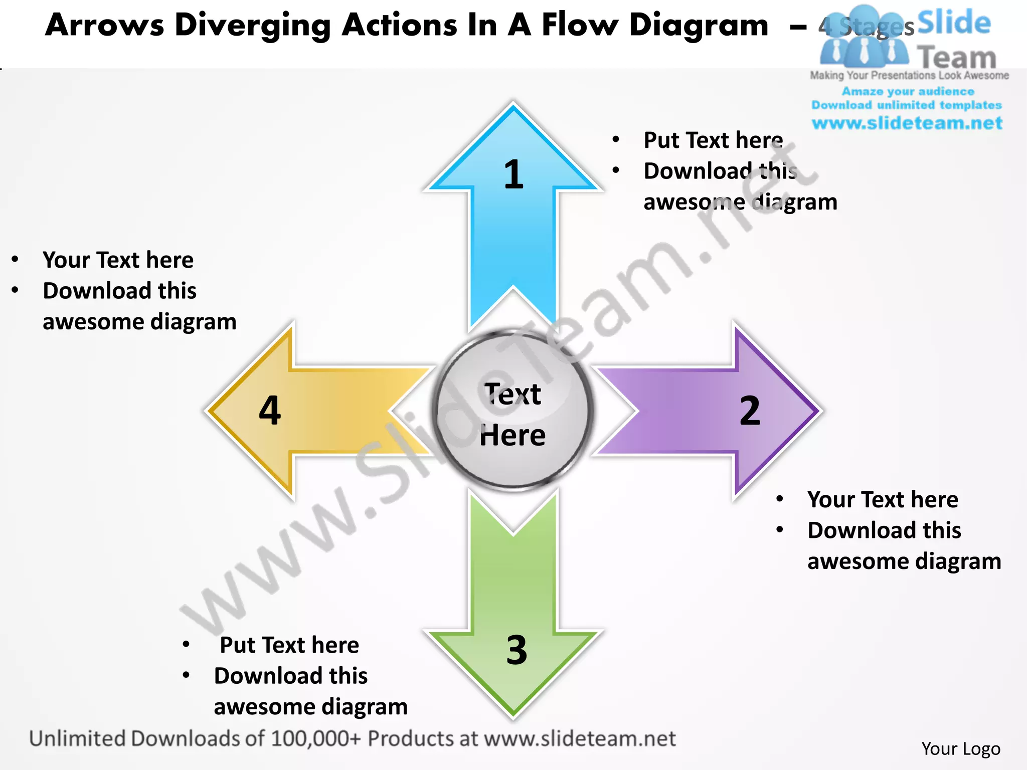 Arrows diverging actions flow diagram 4 stages processs and power point ...