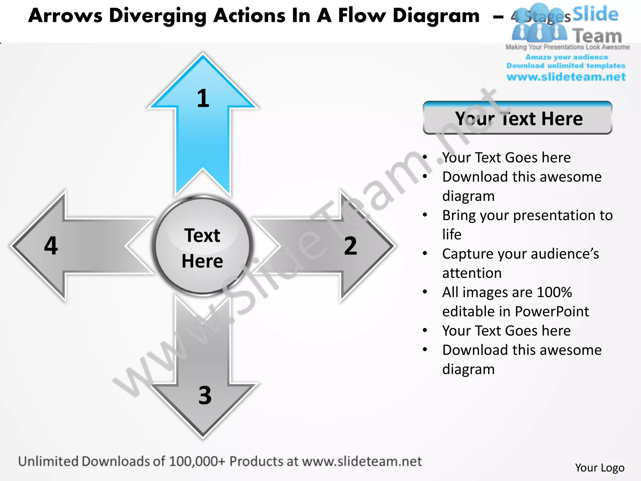 Arrows diverging actions flow diagram 4 stages processs and power point ...