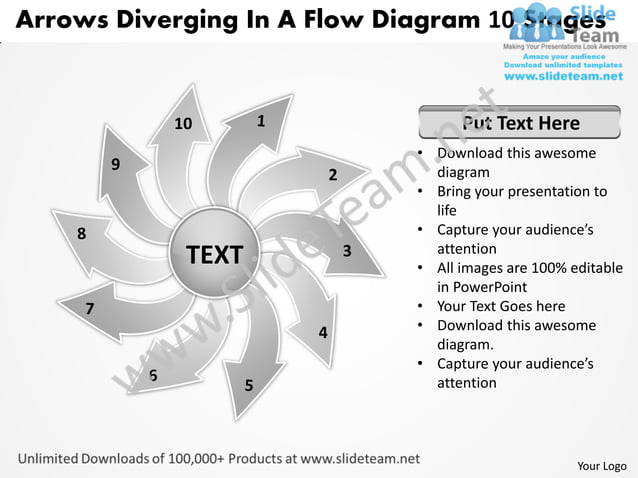 Arrows diverging flow diagram 10 stages circular process network power ...