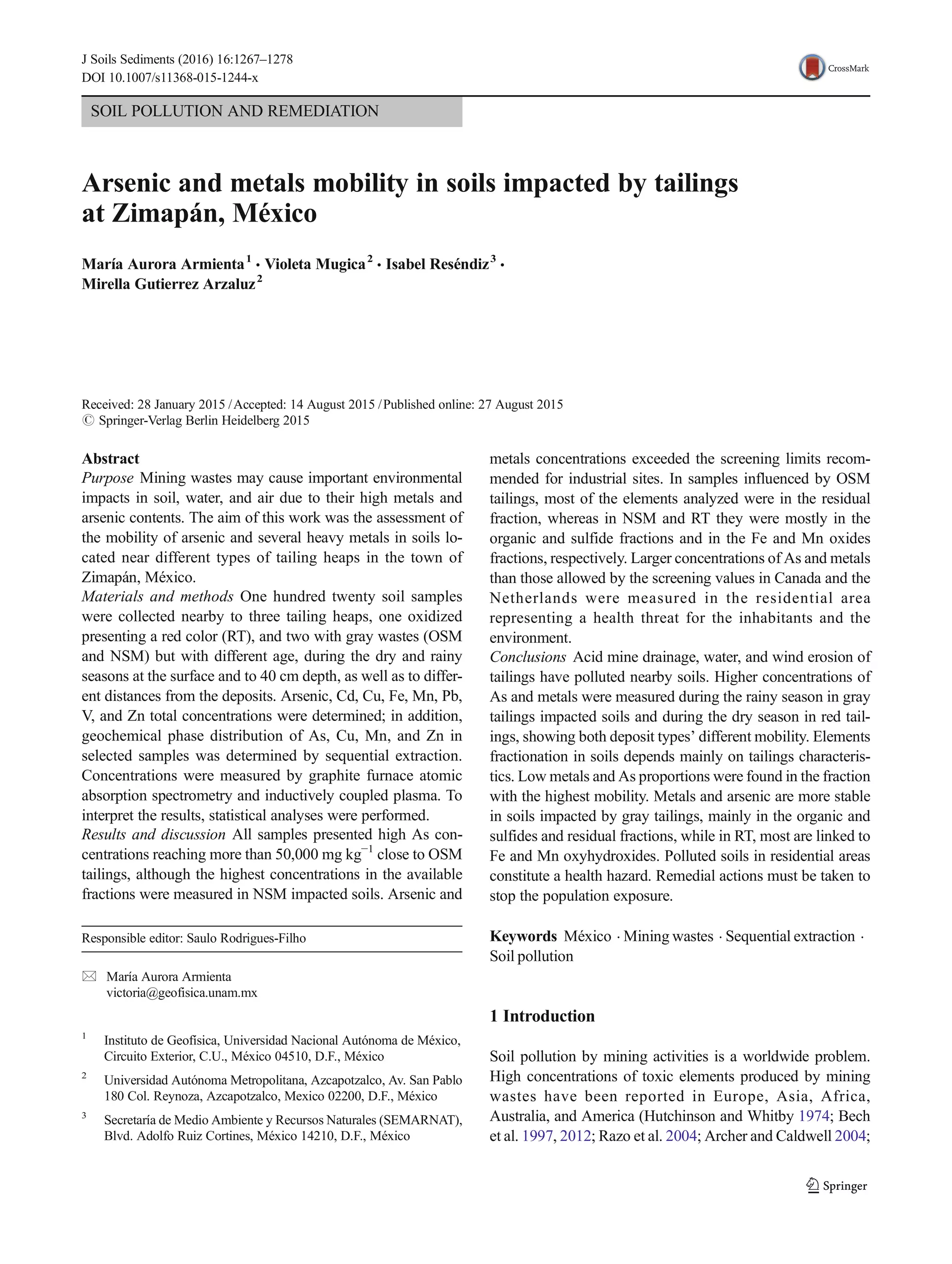 Arsenic and metals mobility in soils impacted by tailings at zimapán ...