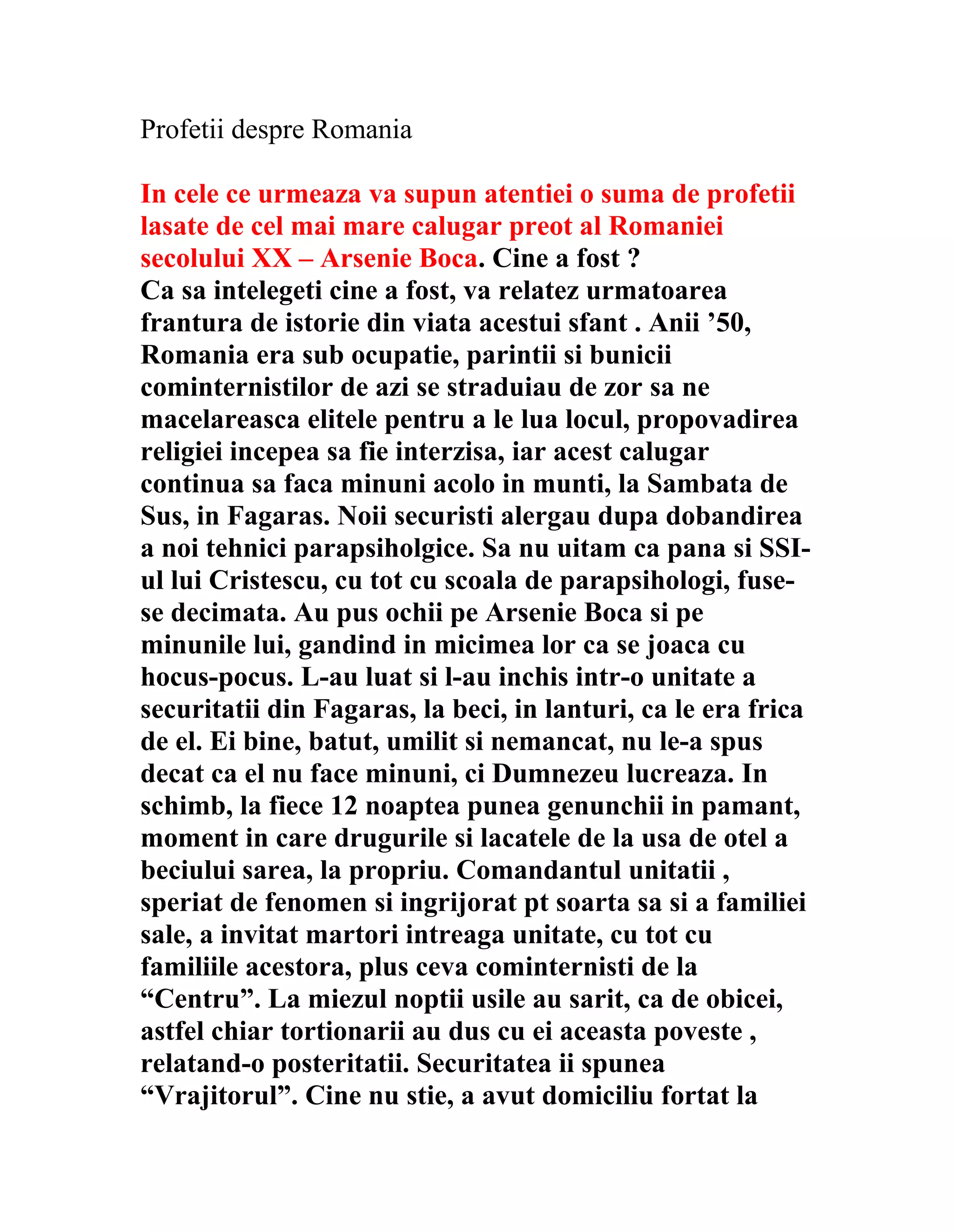 Arsenie boca profetii despre romania | DOC