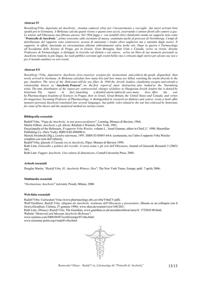 Raimondo Villano - Rudolf Vrba, farmacologo del protocollo di Auschwitz | PDF