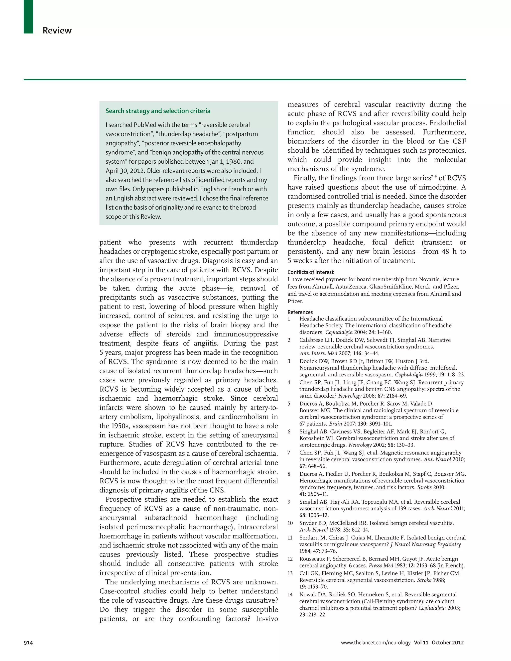 Reversible cerebral vasoconstriction syndrome. Anne Ducros | PDF