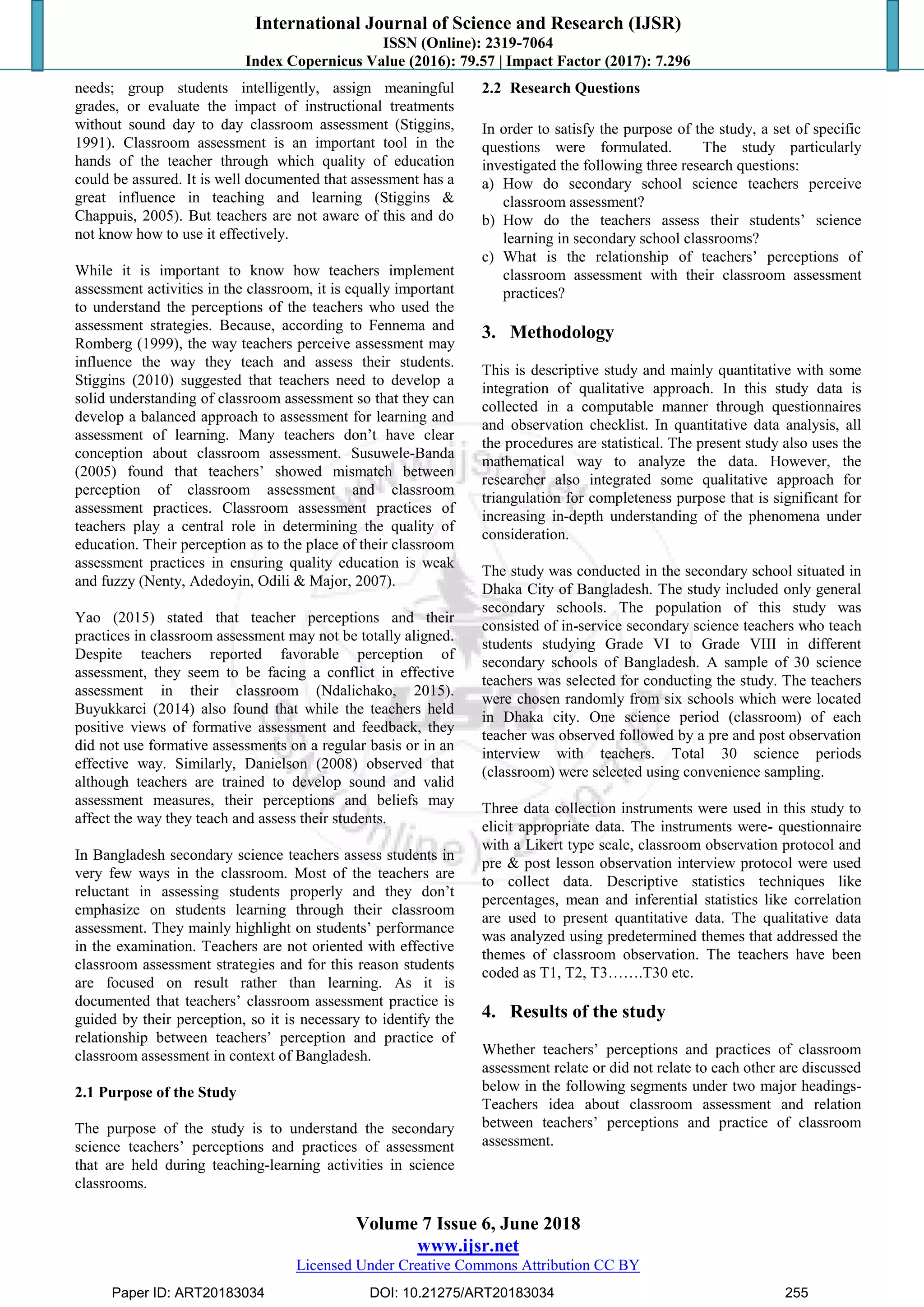 Teachers’ Perceptions and Practices of Classroom Assessment in Secondary School Science Classes ...