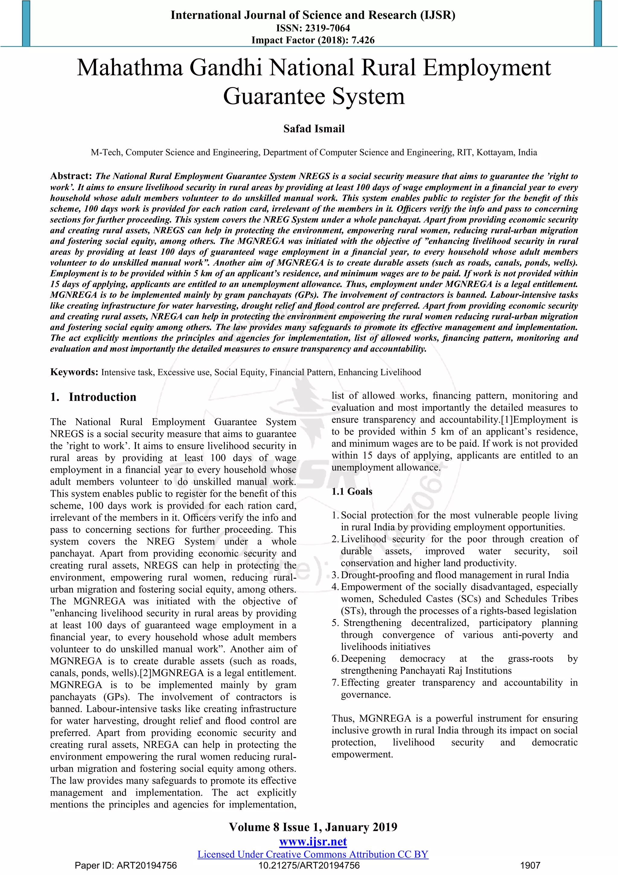 Mahathma Gandhi National Rural Employment Guarantee System (MNREGS ...