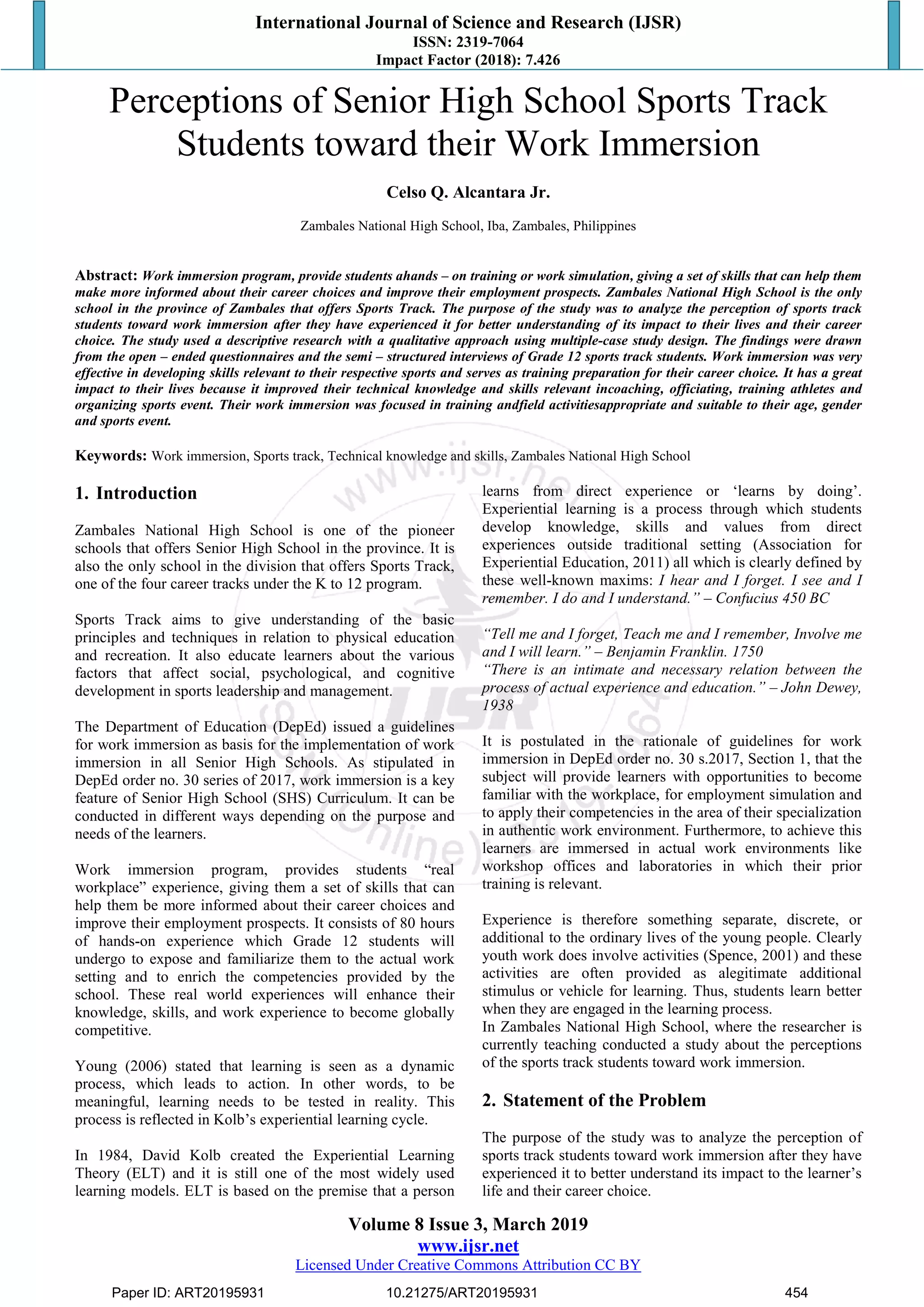 Perceptions of Senior High School Sports Track Students toward their Work Immersion | PDF