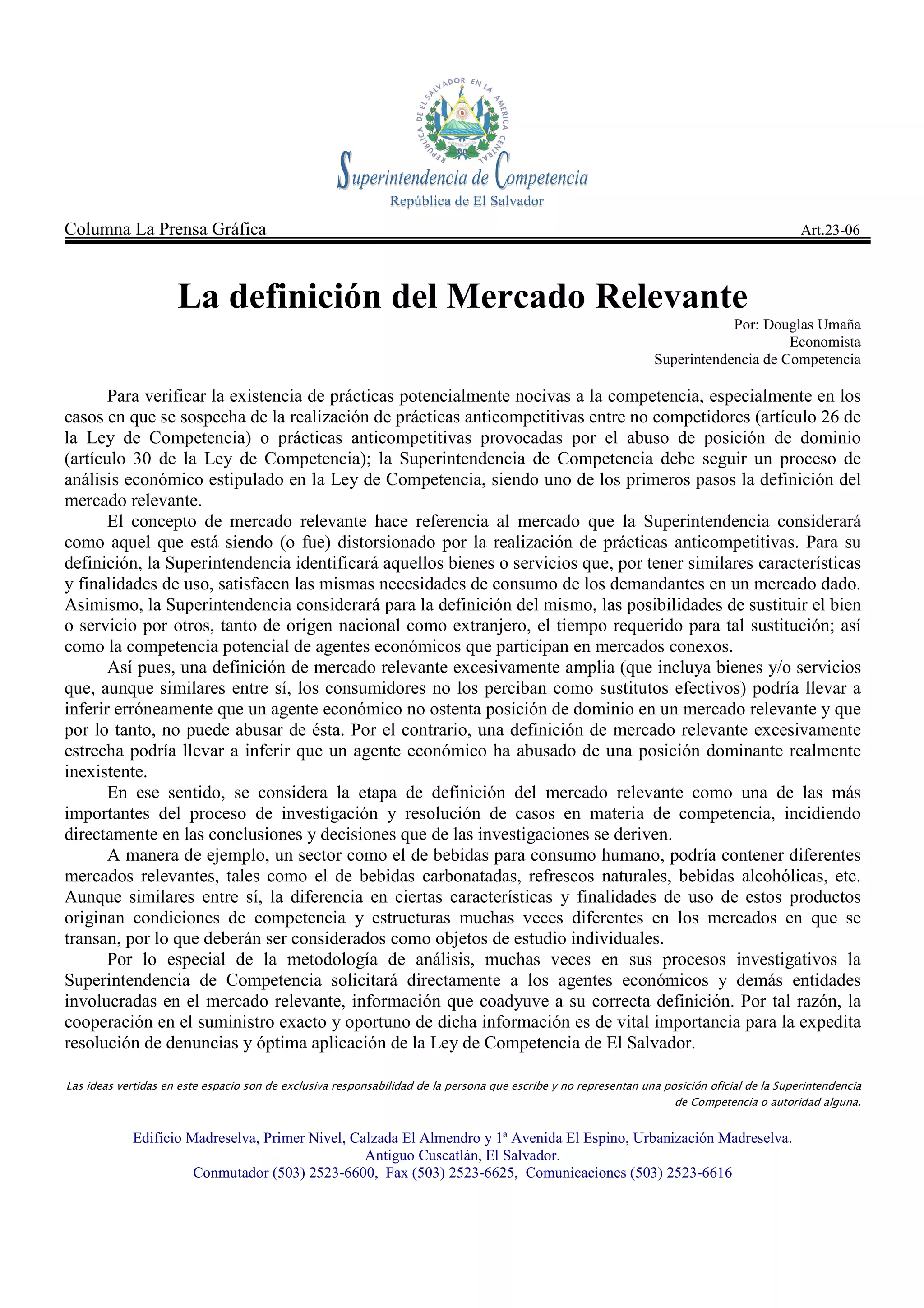 La definición del Mercado Relevante Art 23 06 | PDF