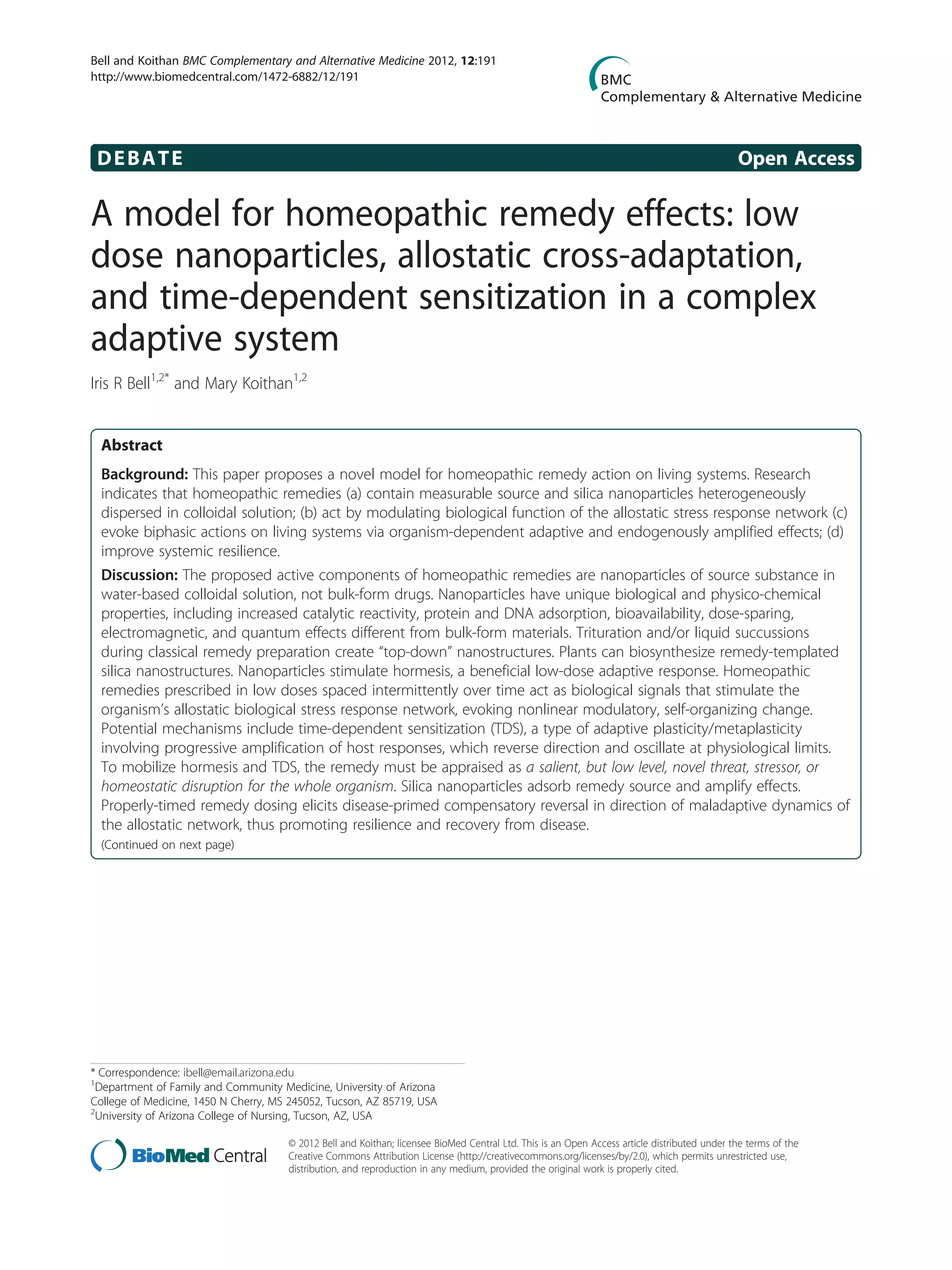 A Model For Homeopathic Remedy Effects Low Dose Nanoparticles