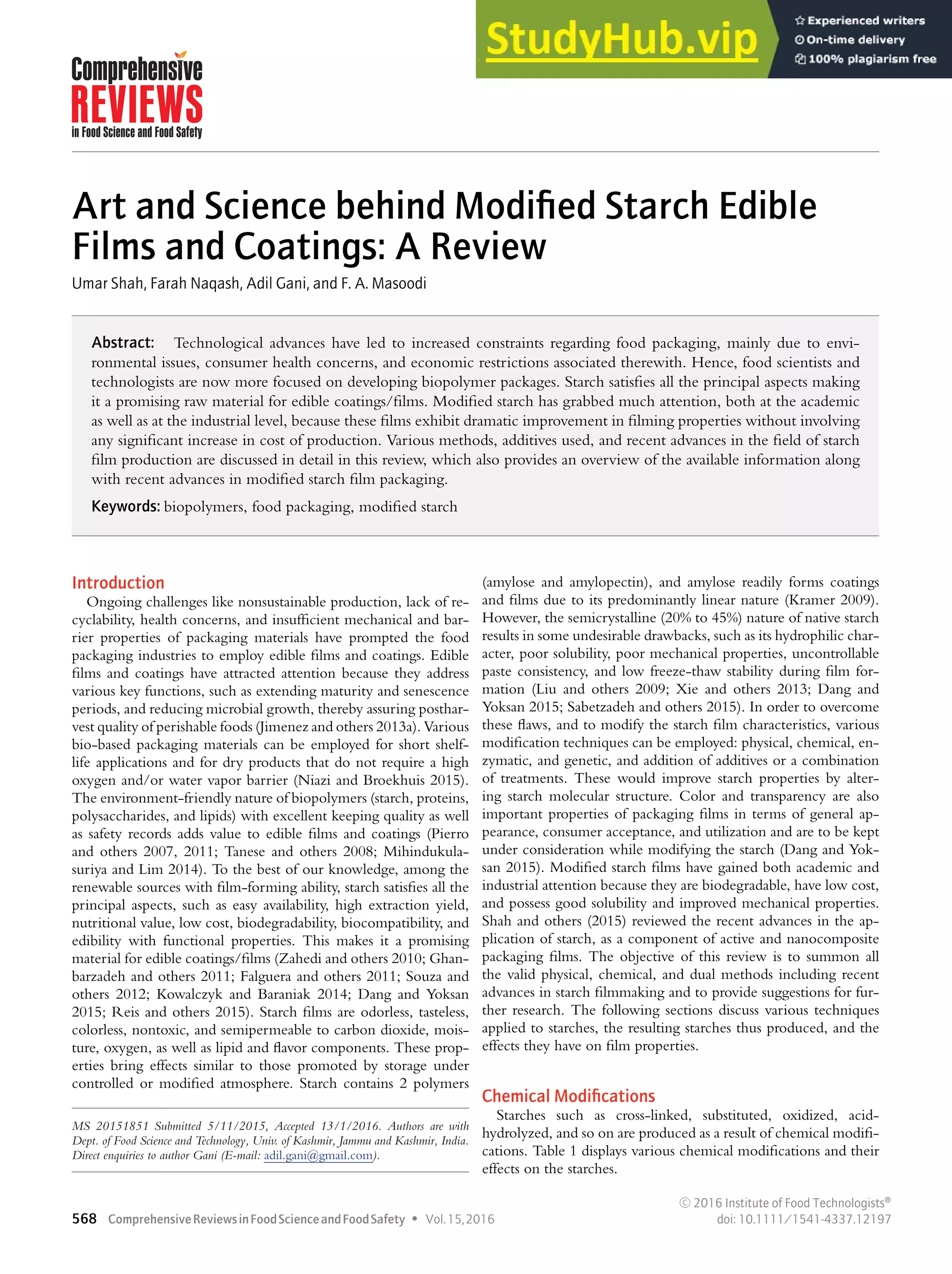 Art And Science Behind Modified Starch Edible Films And Coatings A ...
