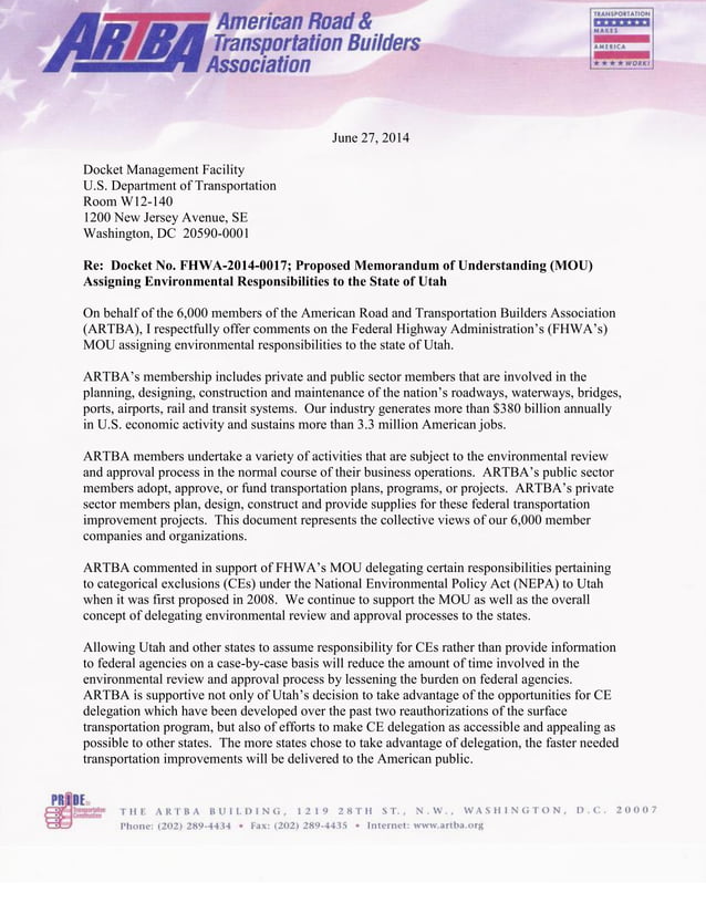Artba comments re docket no fhwa 2014-0017 | PDF