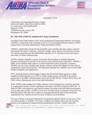 ARTBA Comments Re: FRL-9910-13-OFCO; Adminstrative Wage Garnishment | PDF
